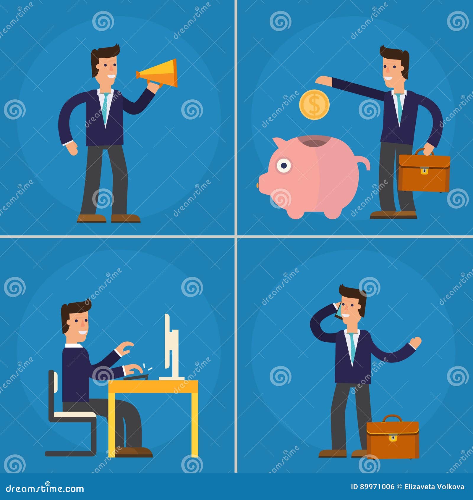 Four Illustrations Of Cartoon Character Successful Businessman Stock