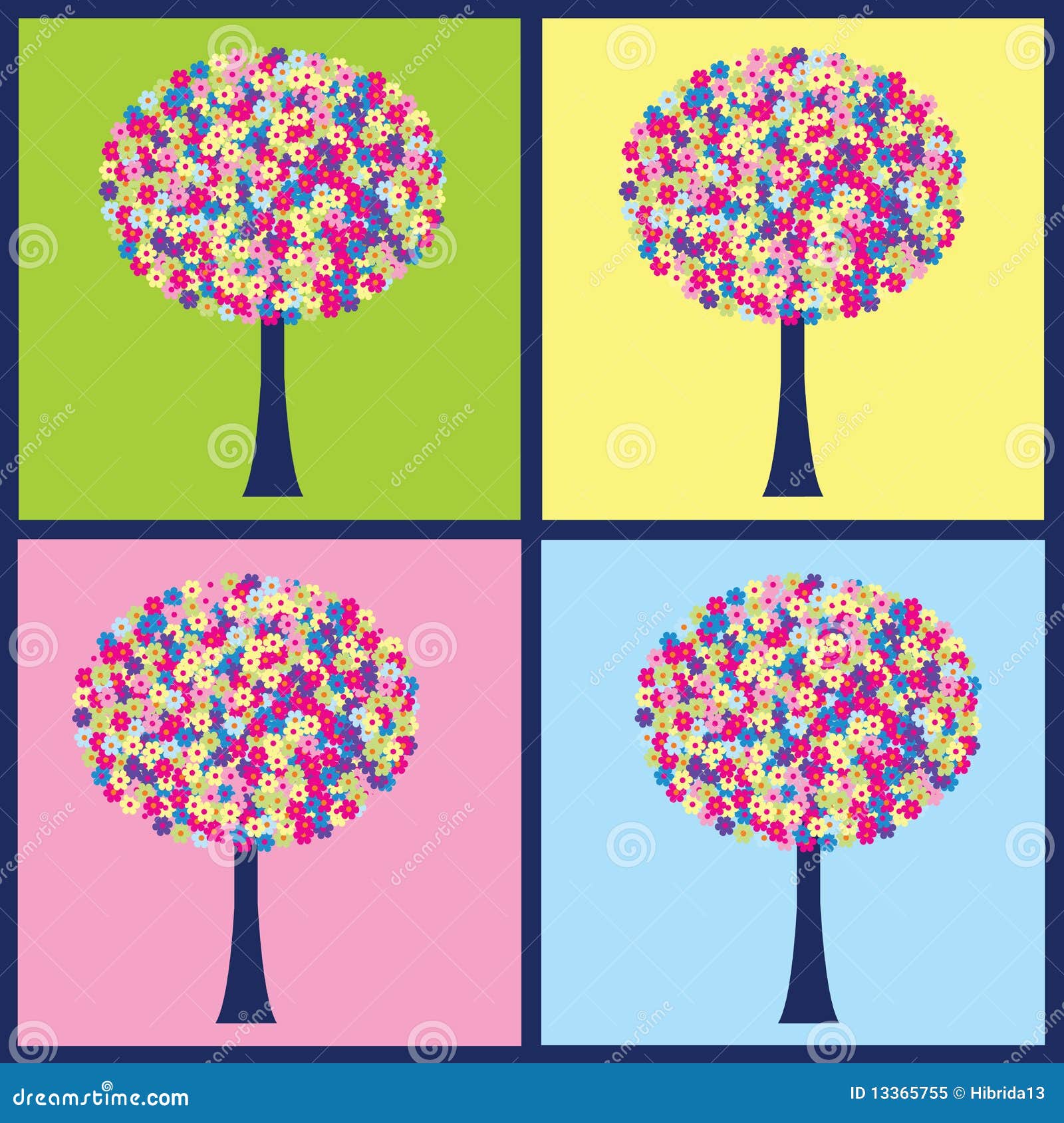 Four Illustrations with Colored Trees Stock Illustration - Illustration ...