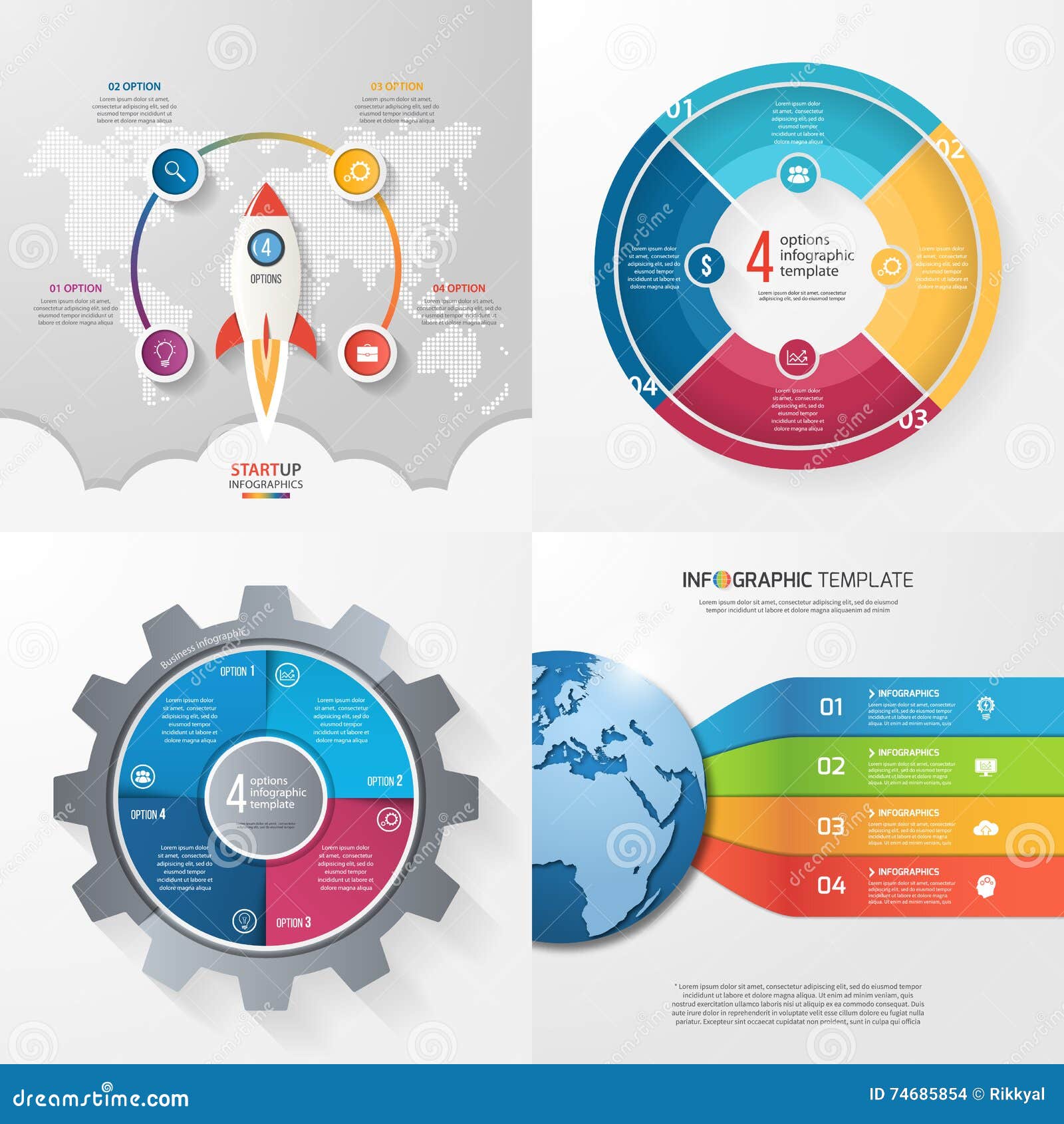 Four Infographic Templates with 4 Steps, Options, Parts, Process Stock ...