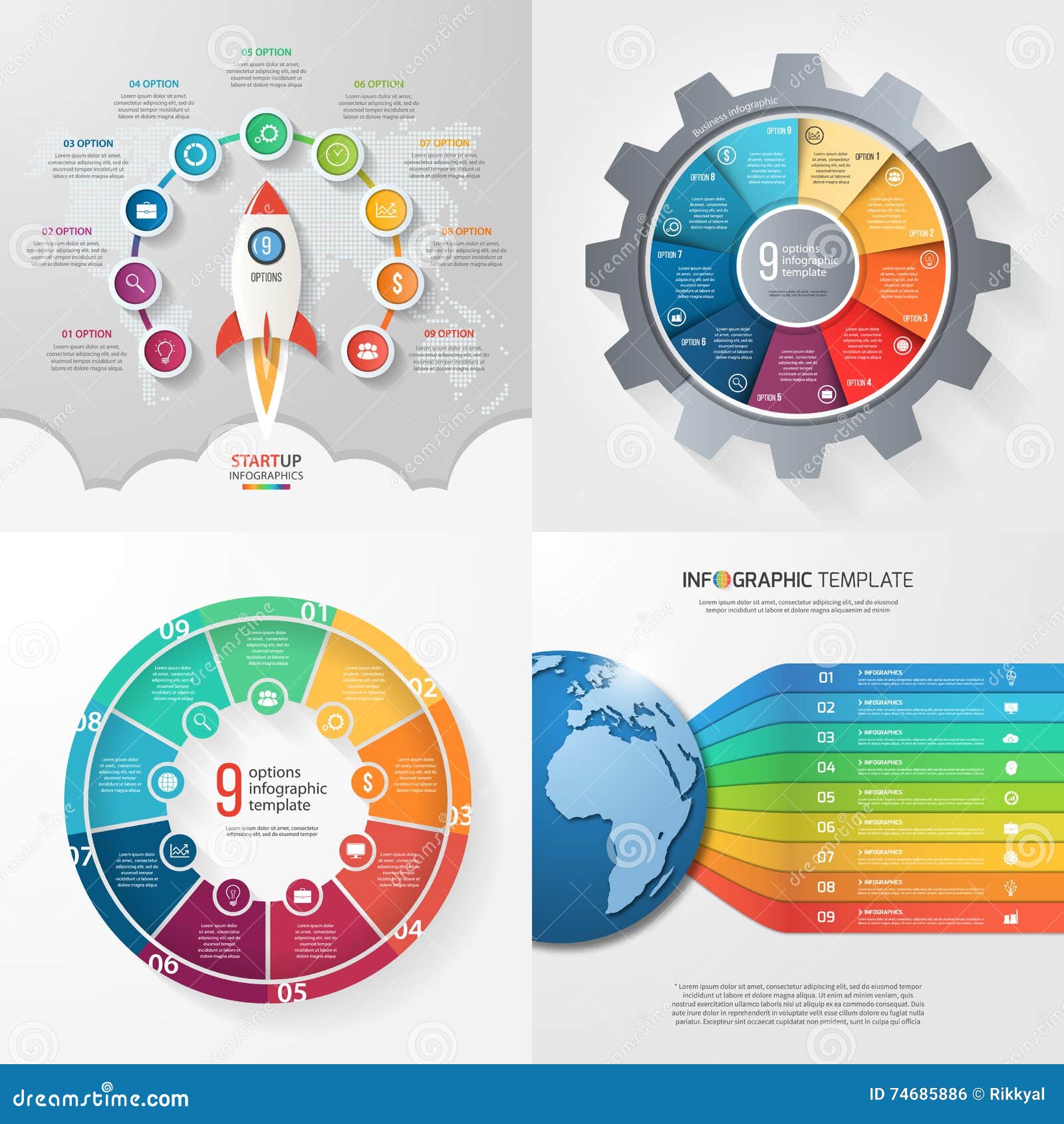 Four Infographic Templates with 9 Steps, Options, Parts, Process Stock ...