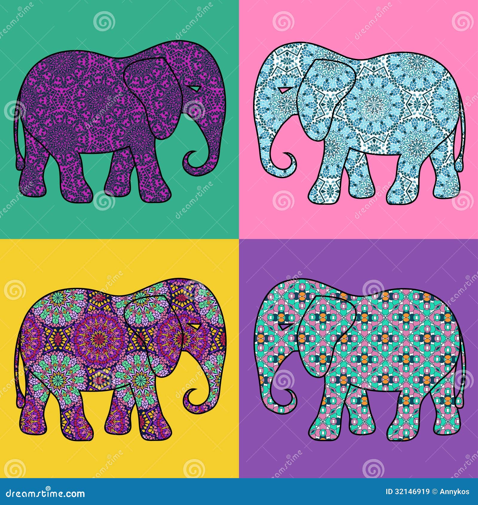 Four Isolated Patterned Elephant Stock Vector - Illustration of fantasy ...