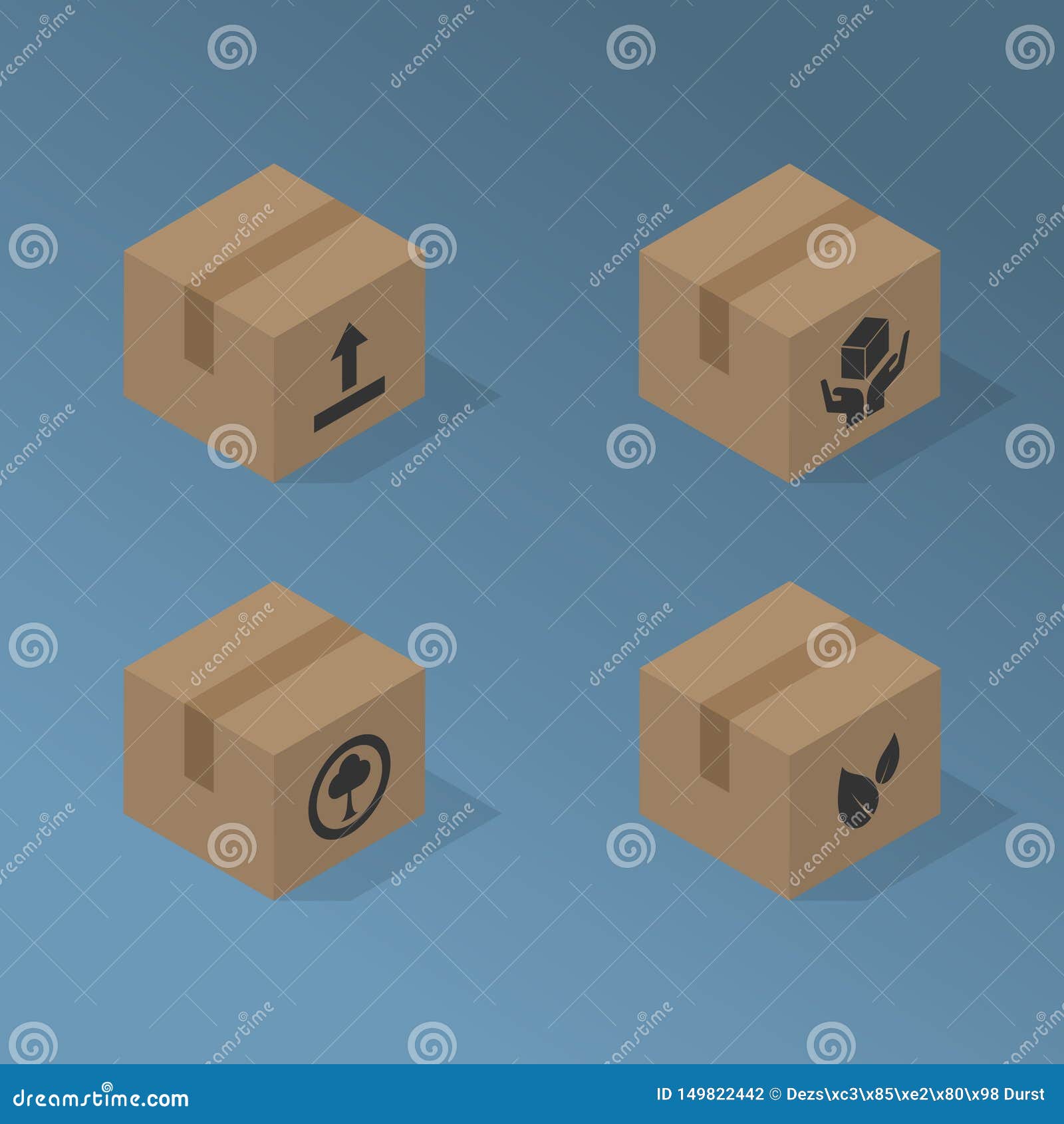 Four Isometric Postage Box Designs with Various Symbols Stock ...