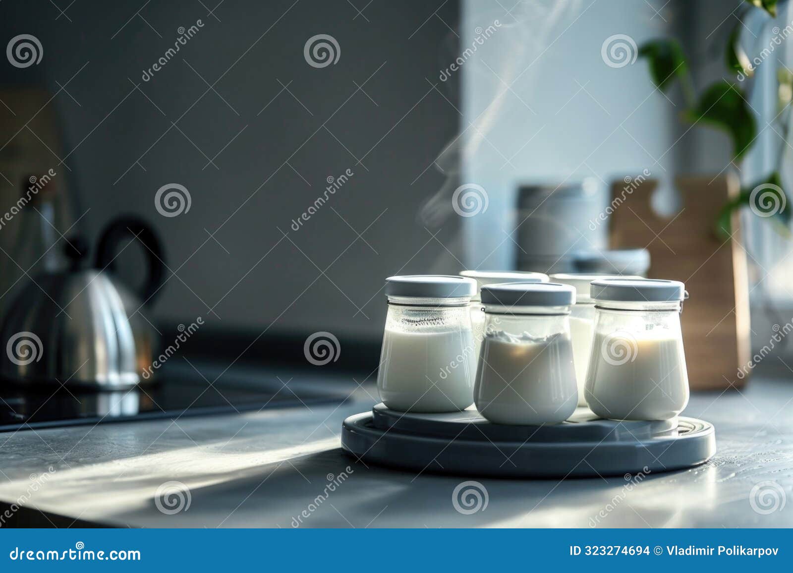 Four Jars of Milk Sitting on a Kitchen Counter Stock Photo - Image of ...