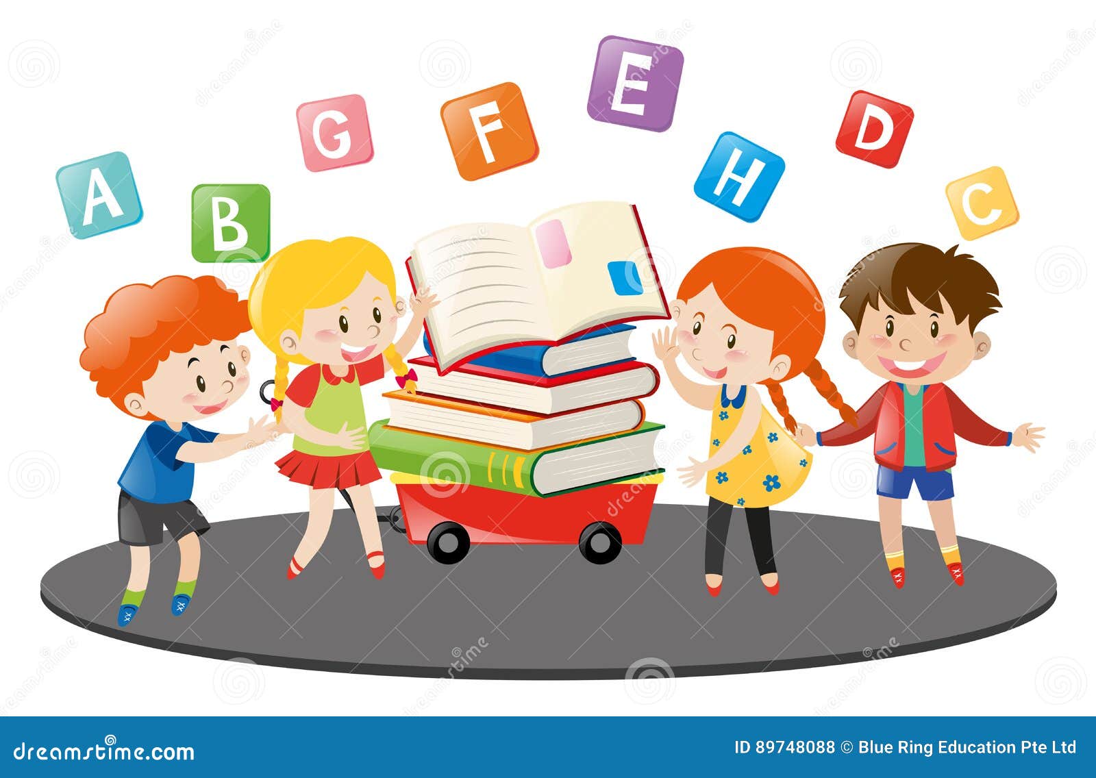Four Kids and Books on Wagon Stock Vector - Illustration of clip, path ...