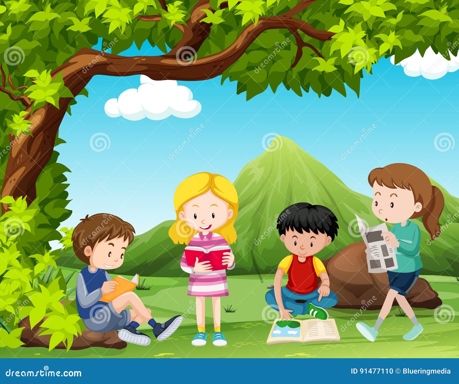 Four Kids Reading Books Under the Tree Stock Illustration ...