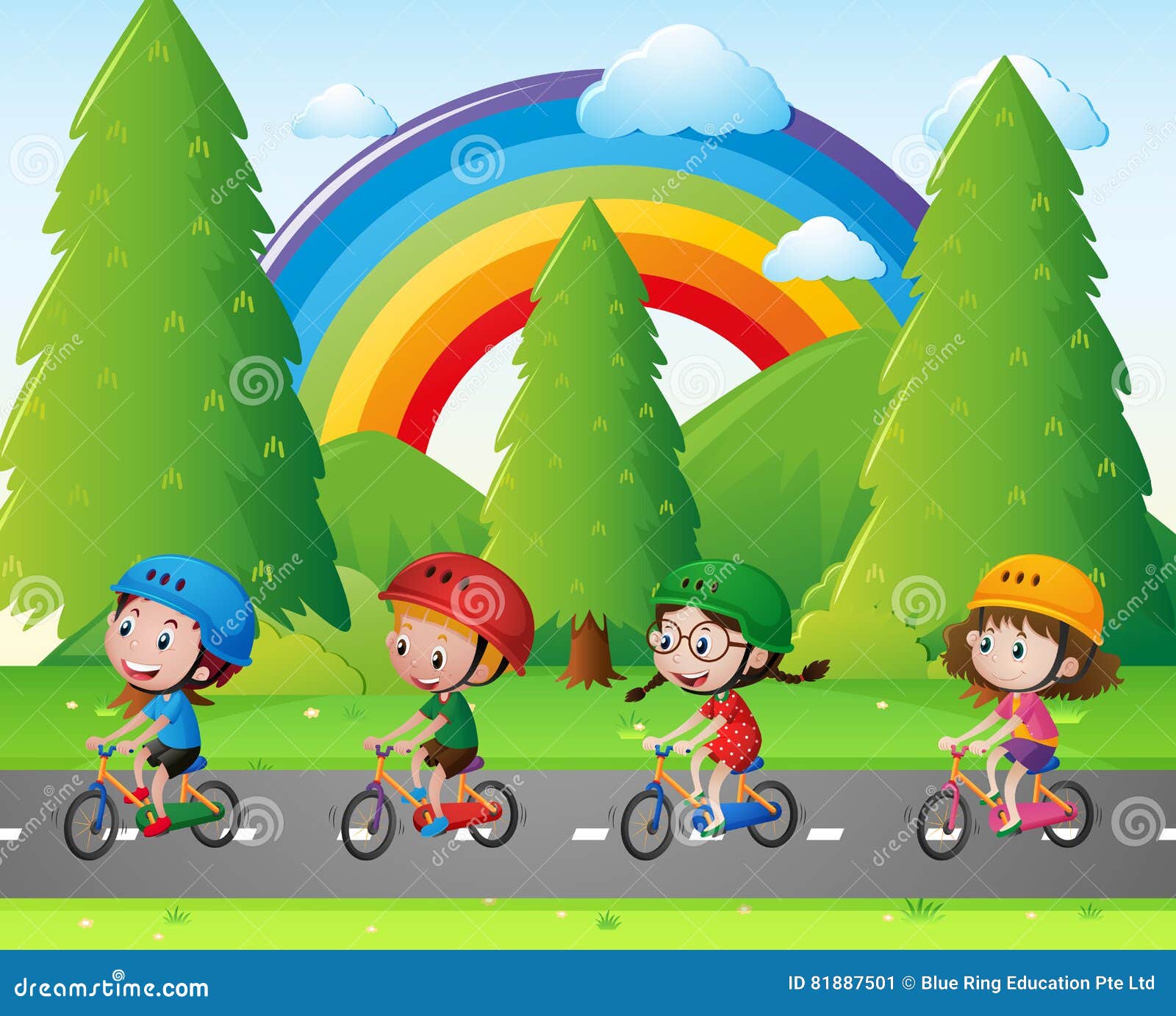 Four Kids Riding Bicycle in Park Stock Vector - Illustration of nature ...