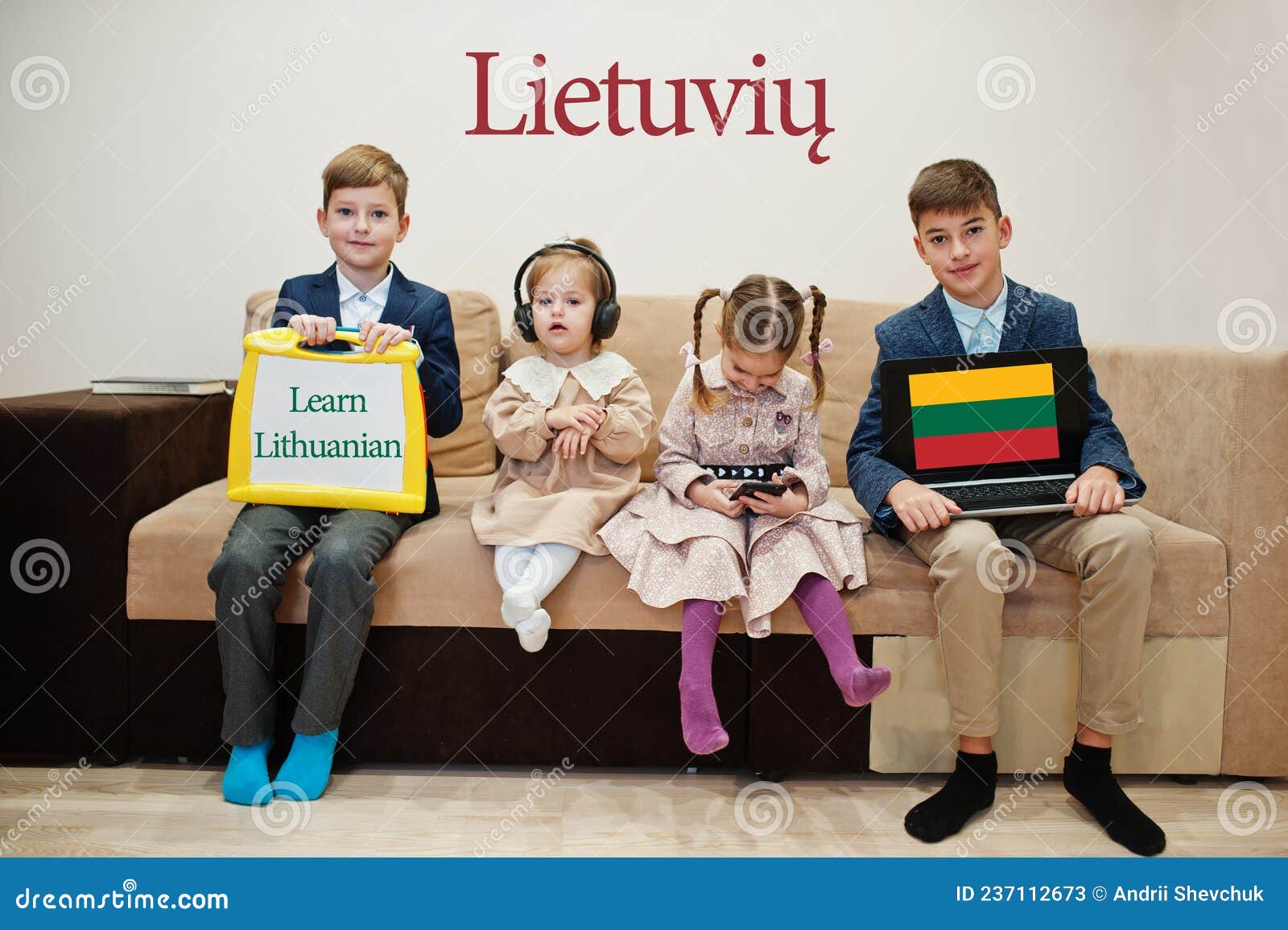Four Kids Show Inscription Learn Lithuanian. Foreign Language Learning ...