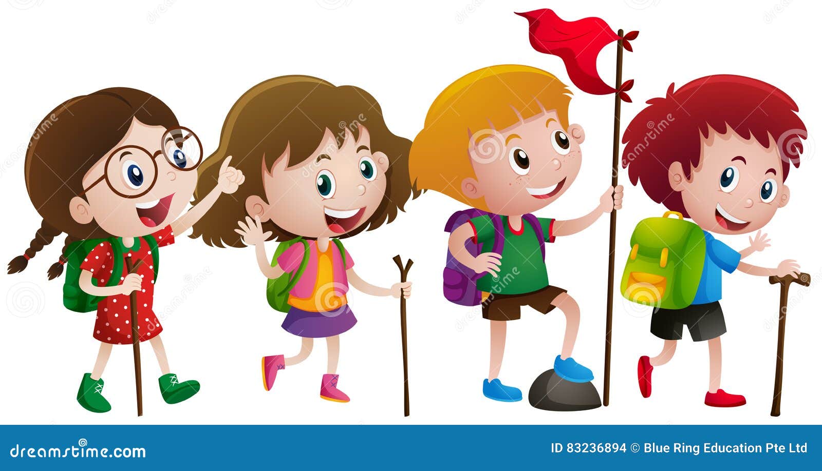 Four Kids with Walking Stick Stock Illustration - Illustration of path ...