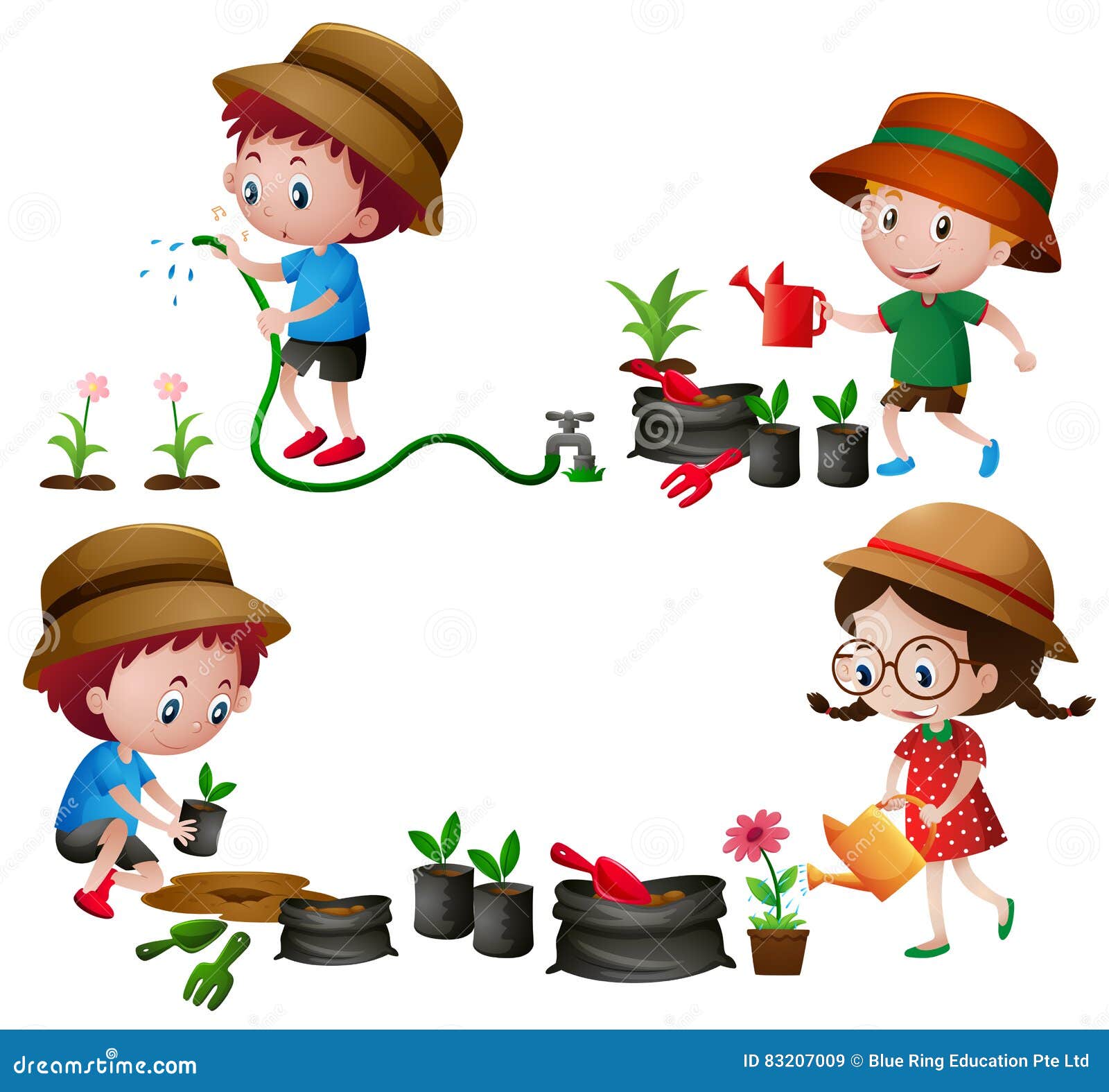 Four Kids Watering and Planting Trees Stock Vector - Illustration of ...