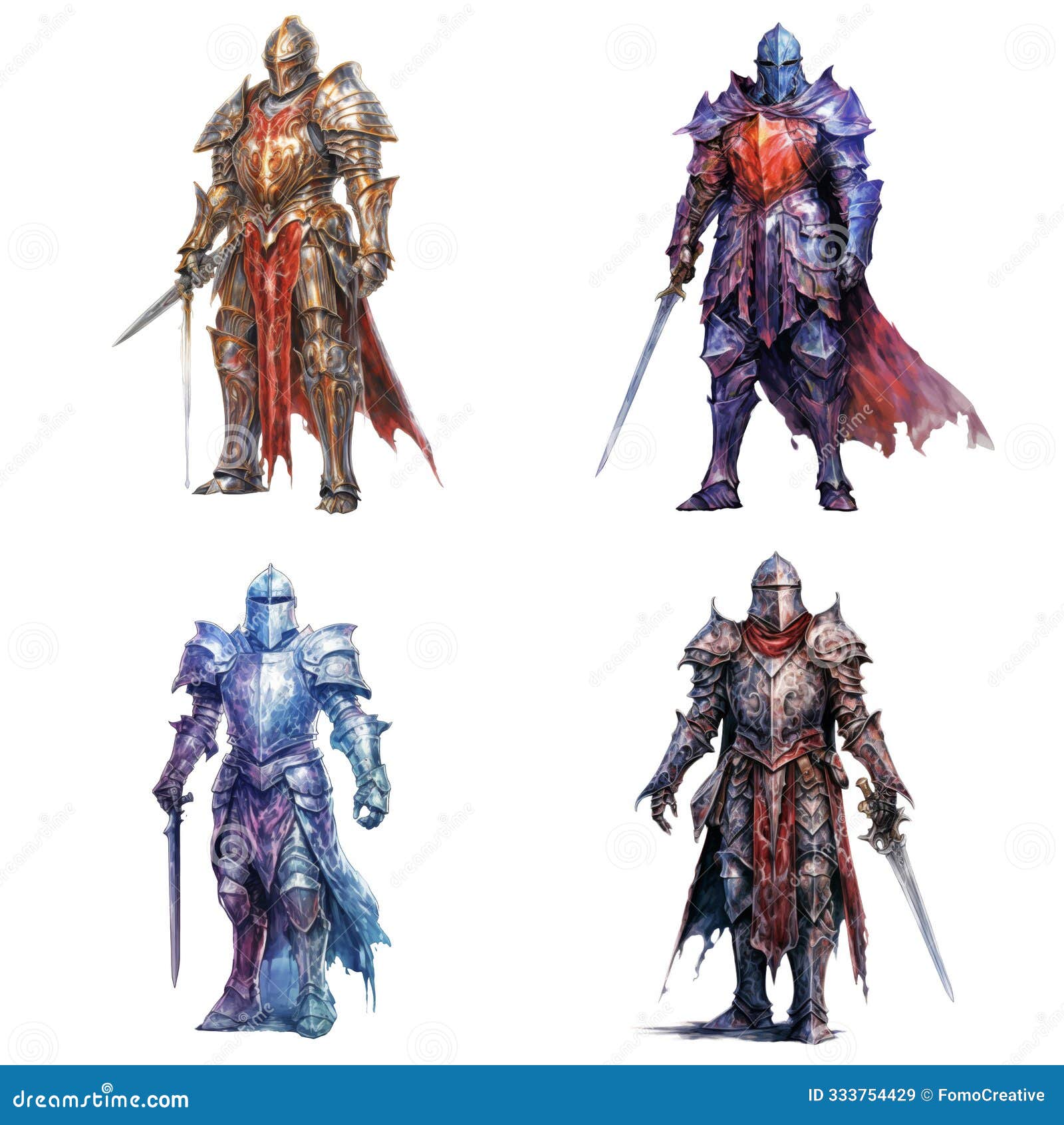 Four Knights in Different Colored Armor and Capes Holding Swords Stock ...