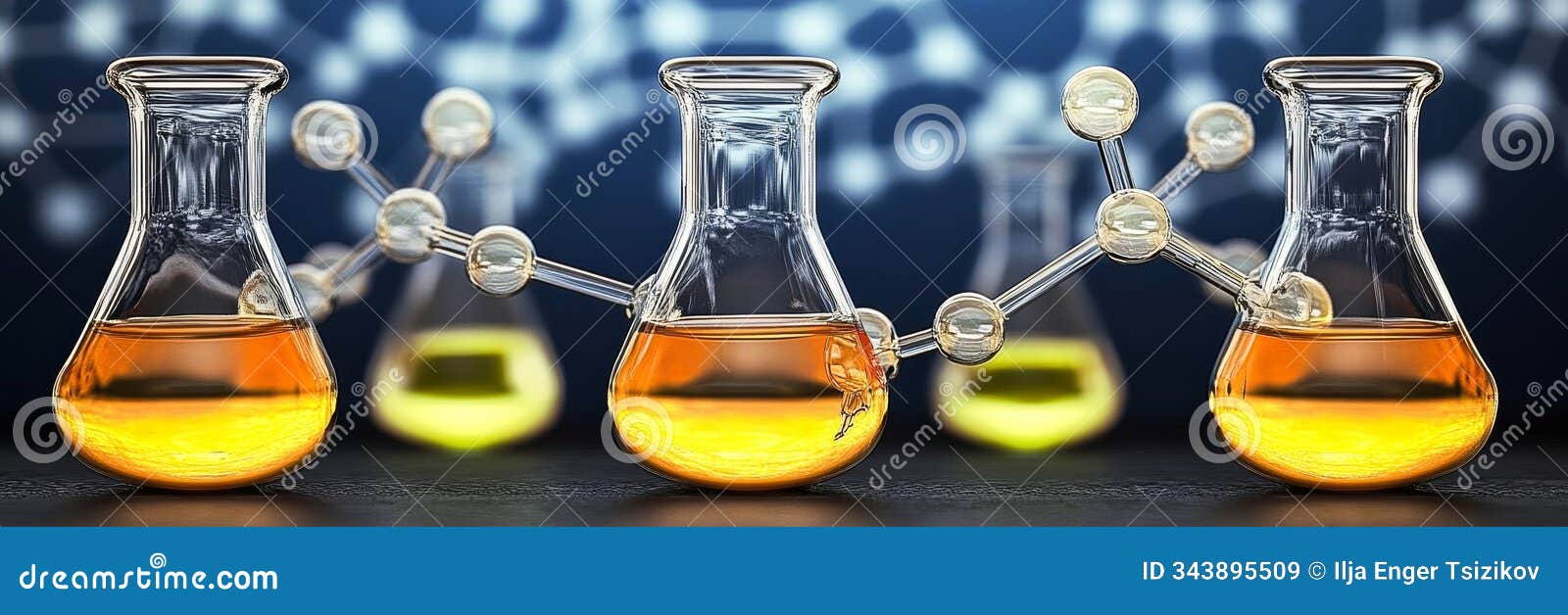 Four Laboratory Glass Flasks with Yellow Liquid, Molecule and Chemical ...
