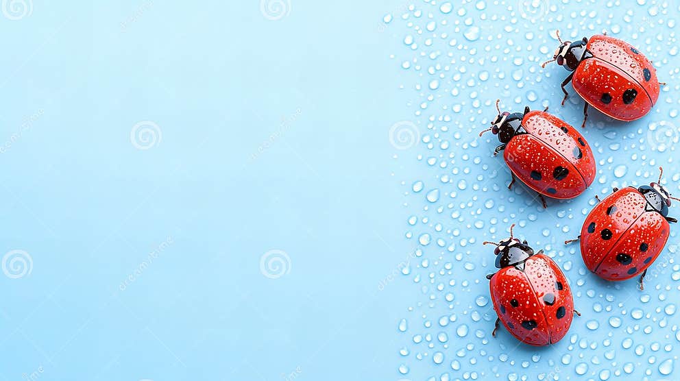 Four Ladybugs on Blue Surface with Water Droplets Stock Illustration ...
