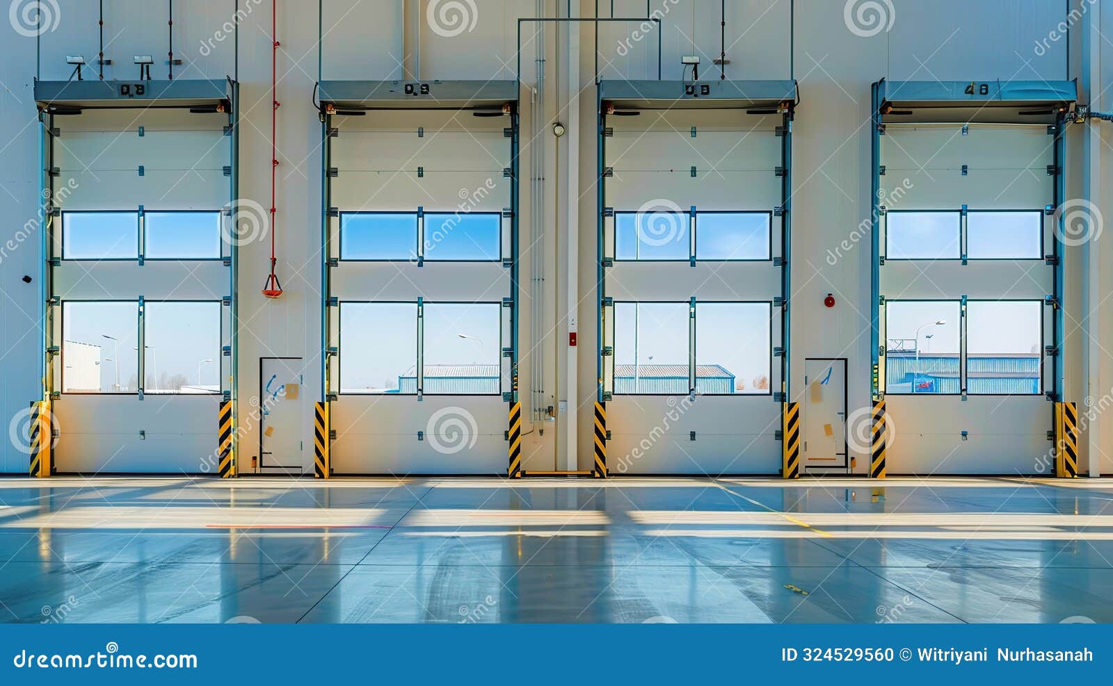 Four Large Garage Doors in a Warehouse Stock Illustration ...