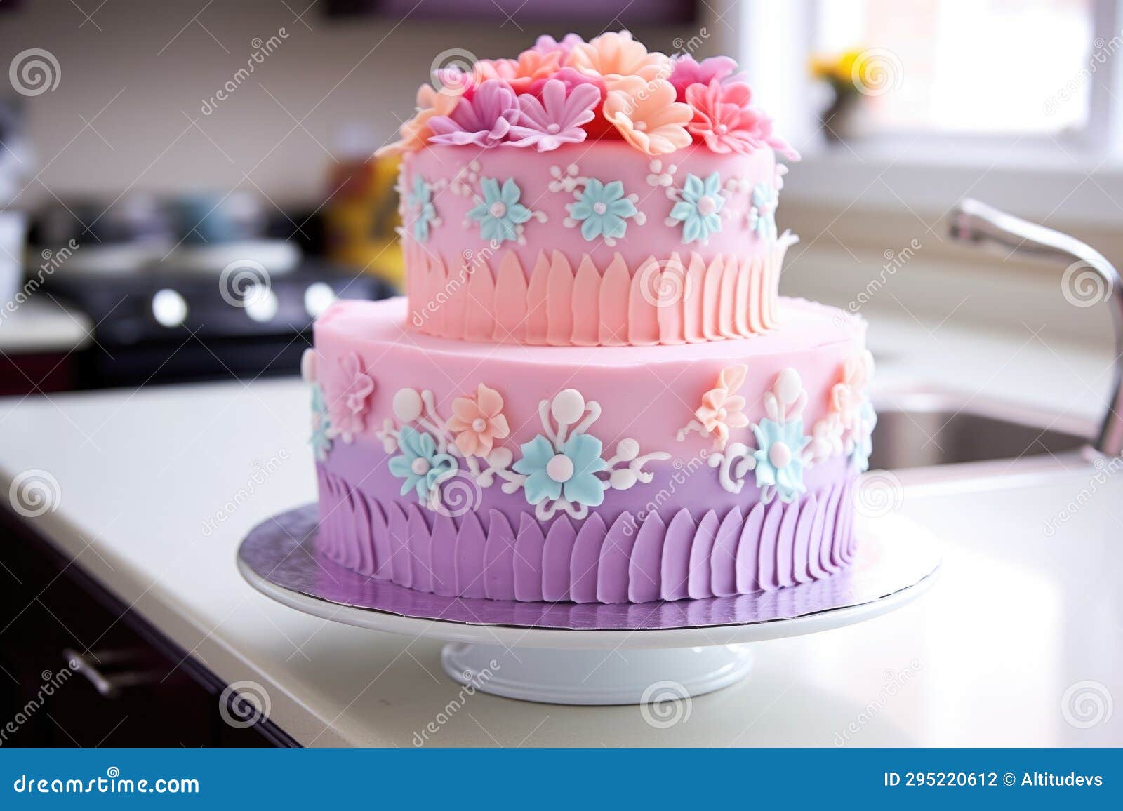 Four-layer Birthday Cake with Fondant Decor Stock Photo - Image of ...