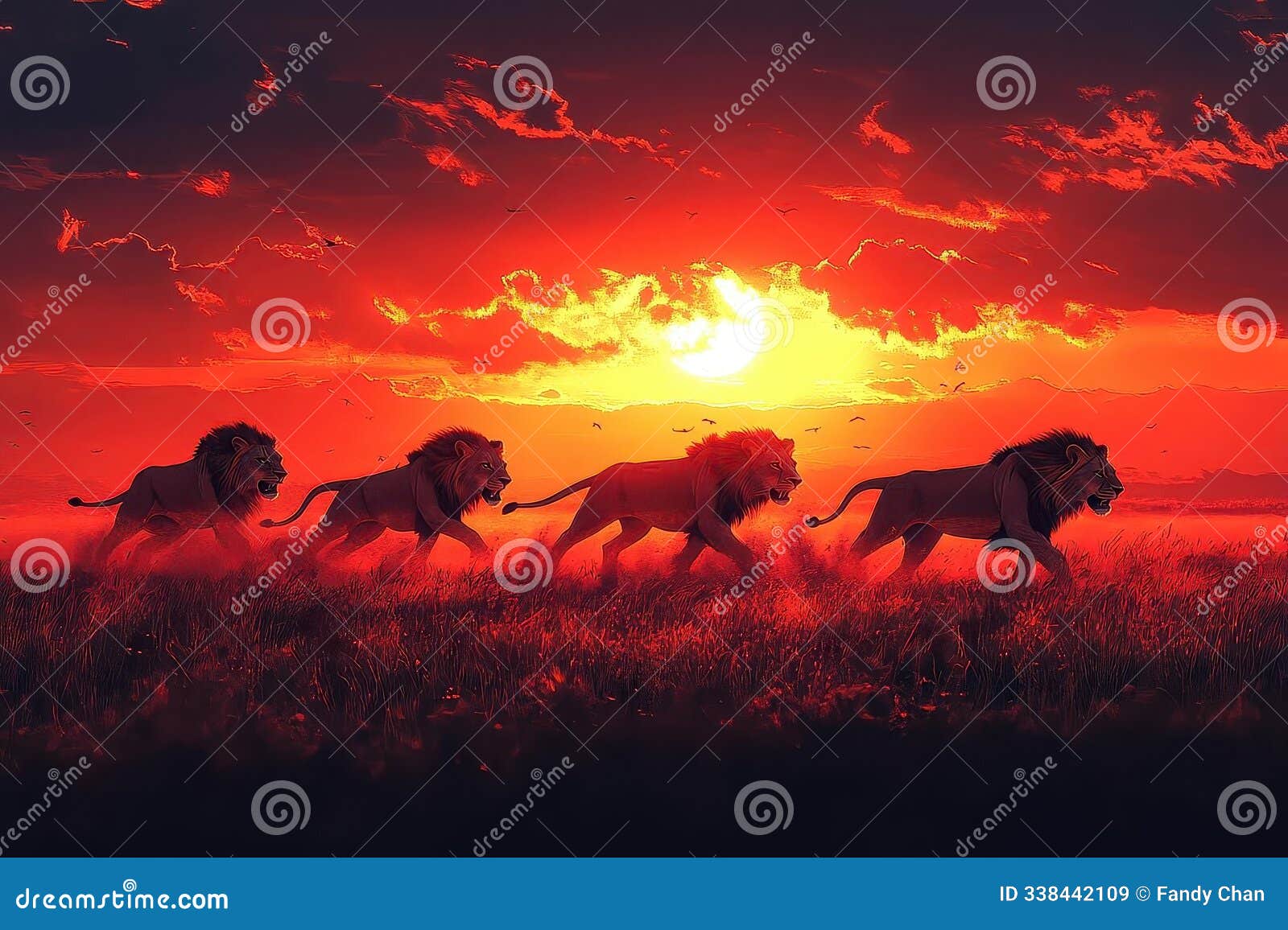 Four Lions Running at Sunset in the Savanna Stock Illustration - Illustration of sunset ...