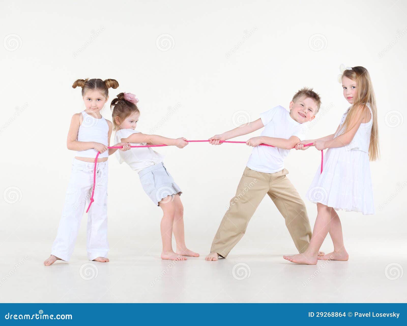 Four Little Children in White Pull Pink Rope. Stock Photo - Image of ...