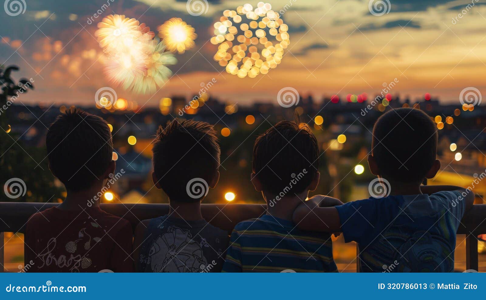 Four Little Friends Watch the Fireworks Stock Image - Image of evening ...