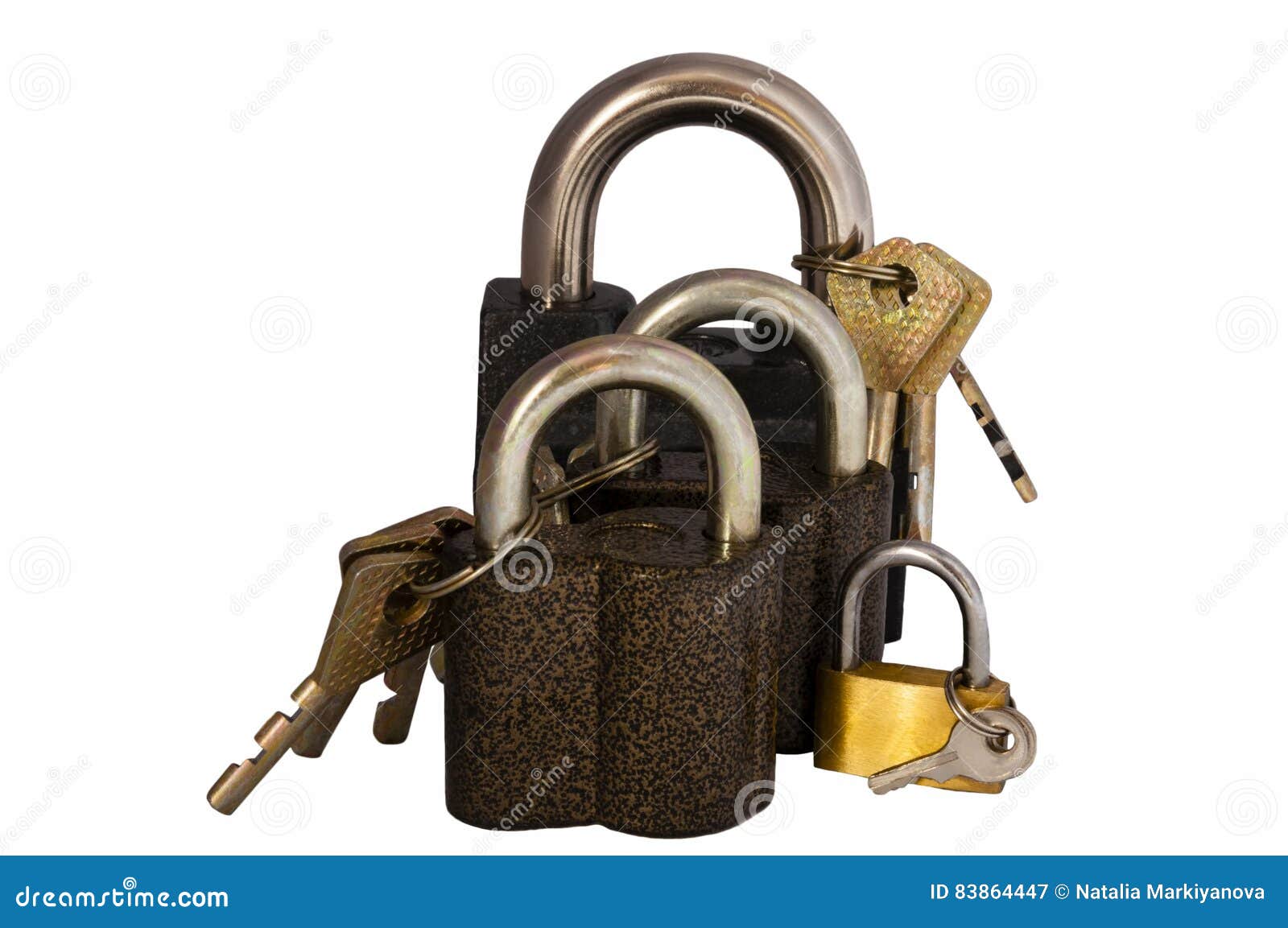 Four locks with keys stock image. Image of closeup, color - 83864447