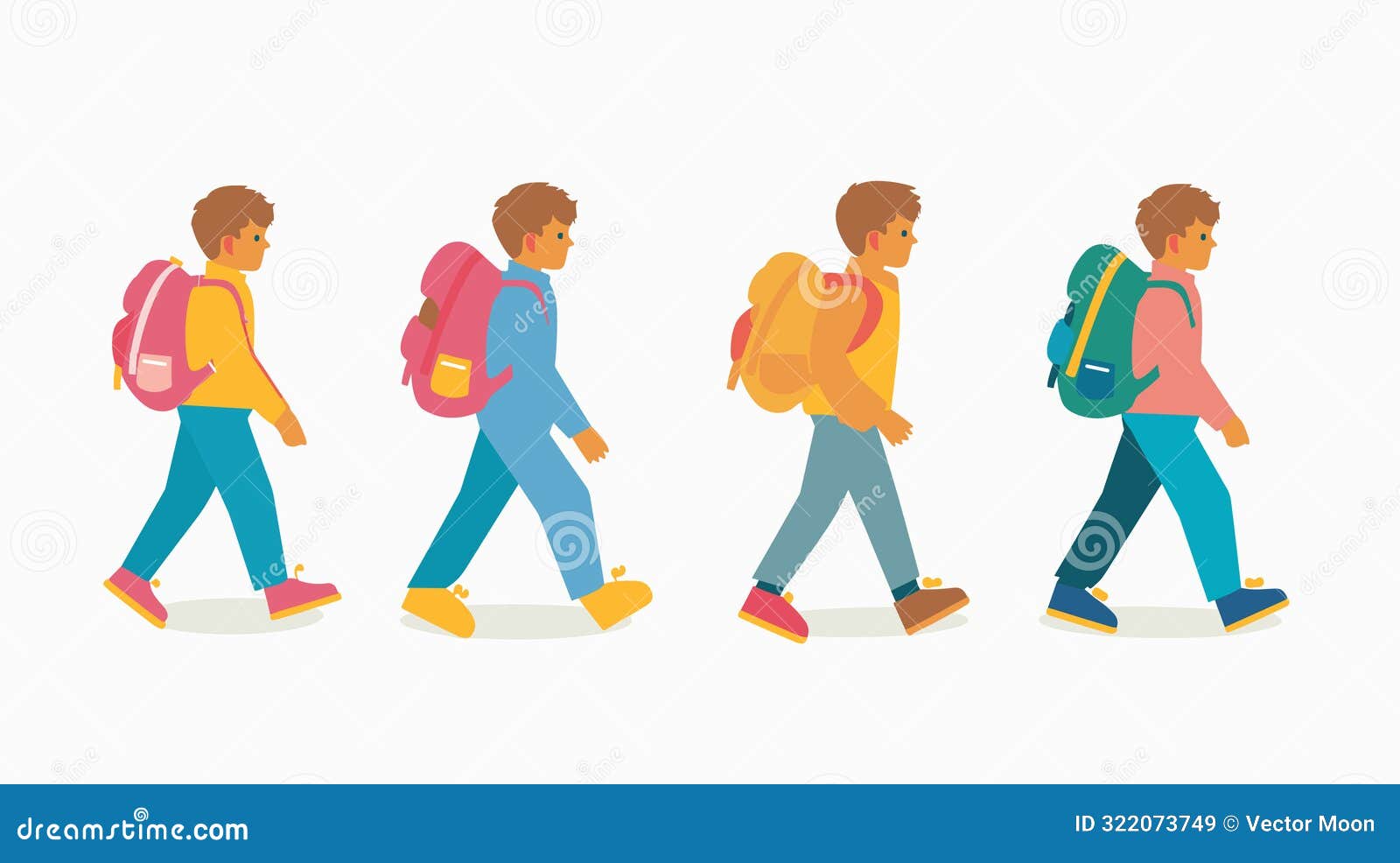 Four Male Students Walking Side Side, Carrying Backpack, Shown Profile, Depicting Motion ...
