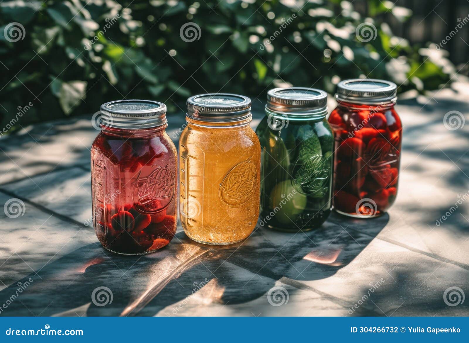 Four Mason Jars with Different Fruit in Them Stock Photo - Image of ...