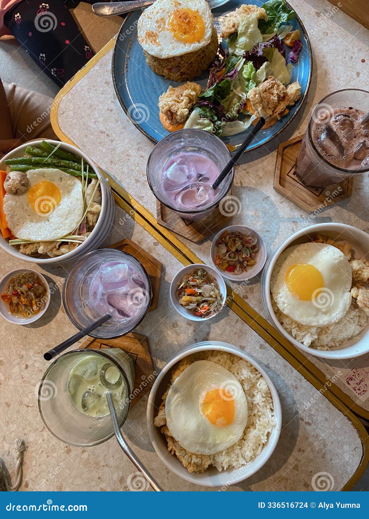 Four Meals and Beverages Served on the Table Stock Photo - Image of ...
