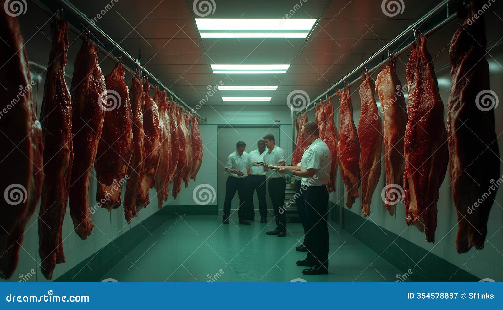 Four Men Inspect Hanging Beef Carcasses in a Commercial Meat Processing ...
