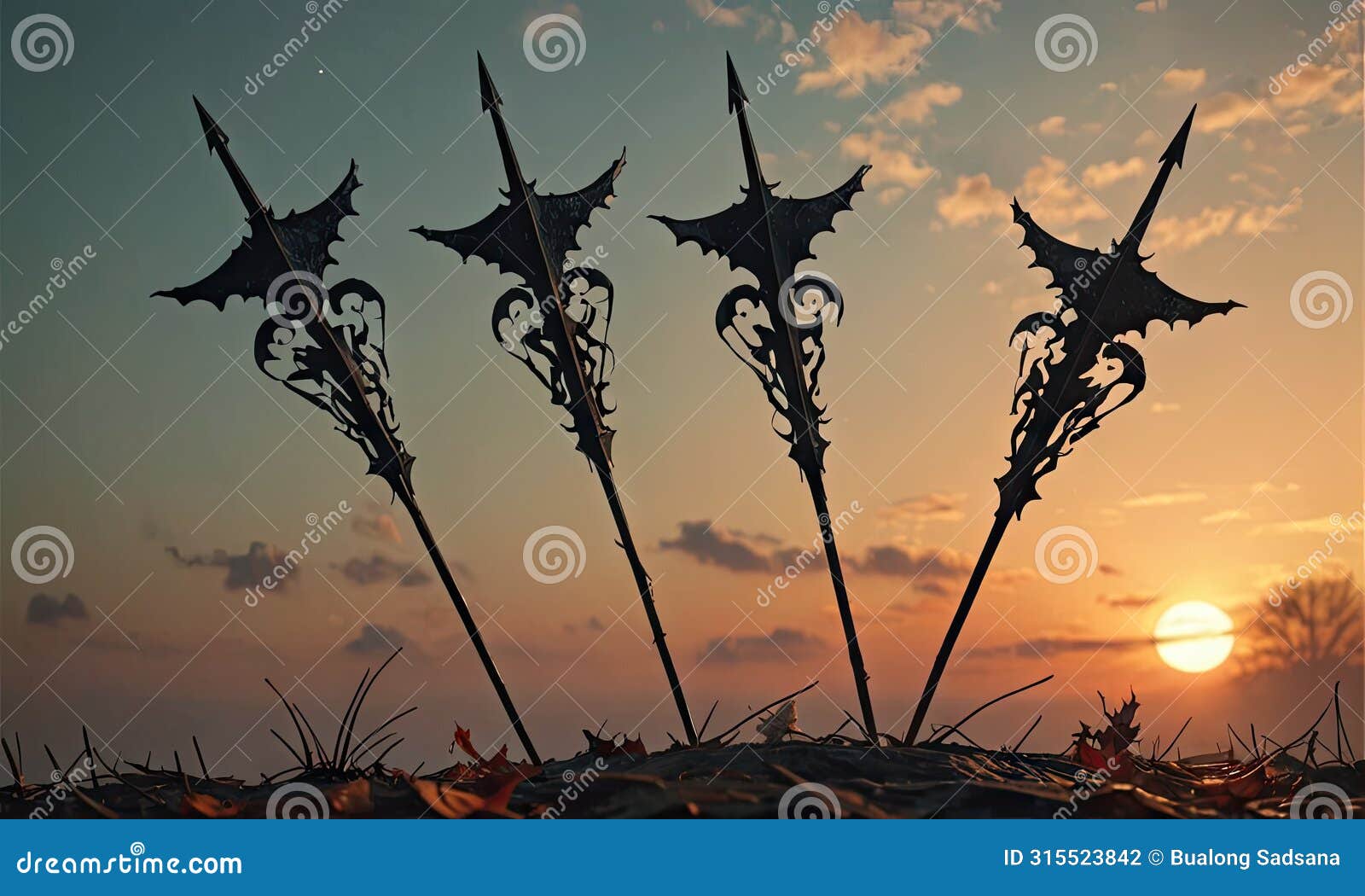 Four Metal Spikes are Standing in the Ground, One in Front of the Other ...