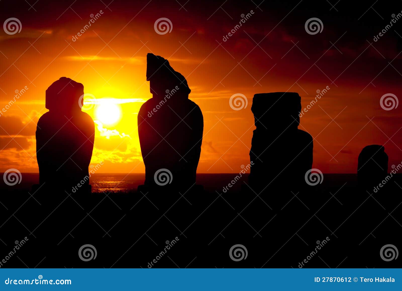 Four Moai Against Dramatic Sunset in Easter Island Stock Photo - Image ...
