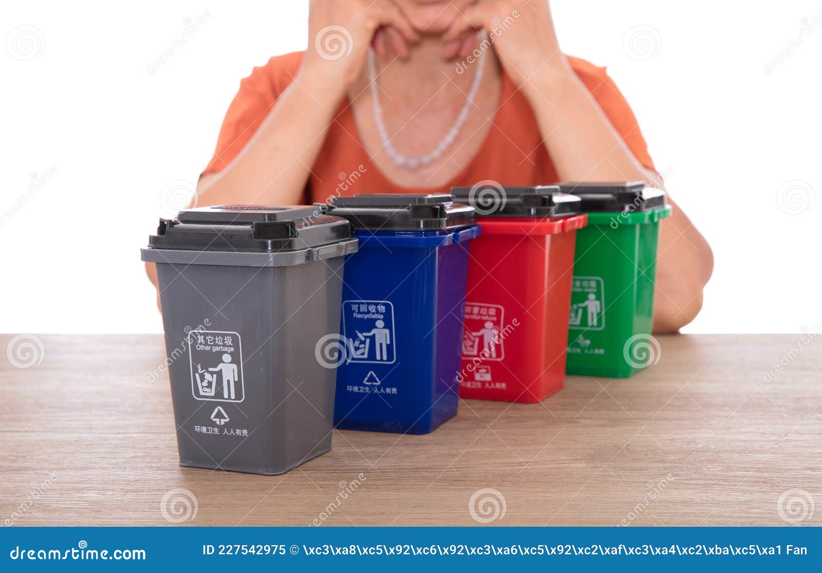 Four Models of Garbage Sorting Trash Cans in Front of Chinese Women ...