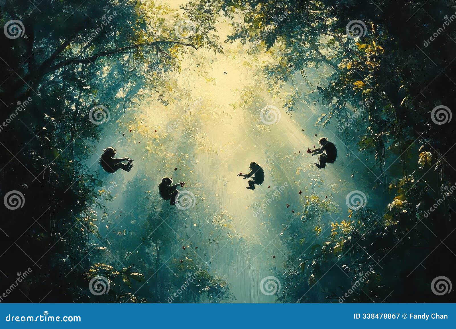 Four Monkeys Leaping through Sunlit Jungle Canopy Stock Illustration ...