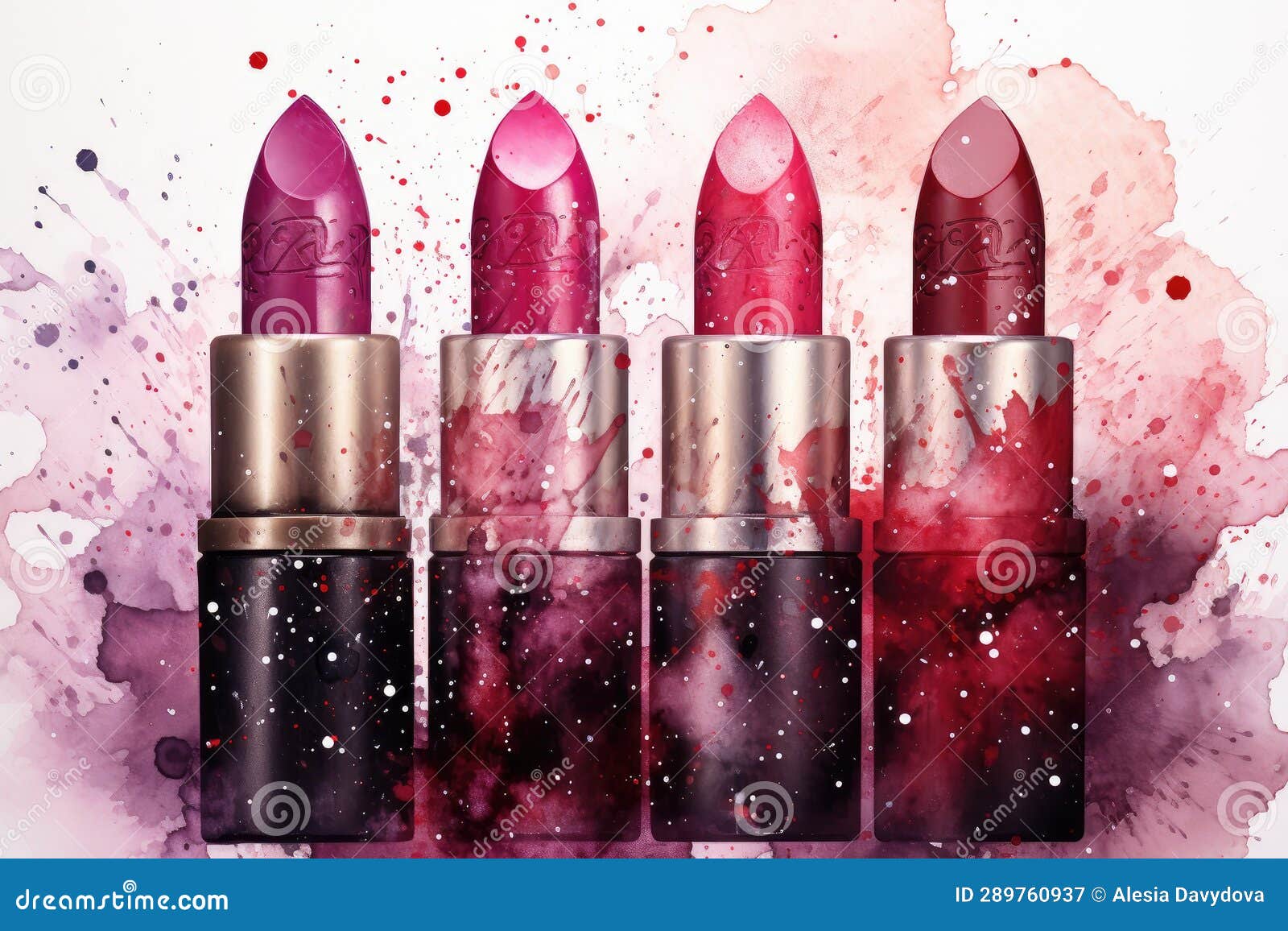 Four Multi-colored Lipsticks on a Background of Watercolor Splashes ...