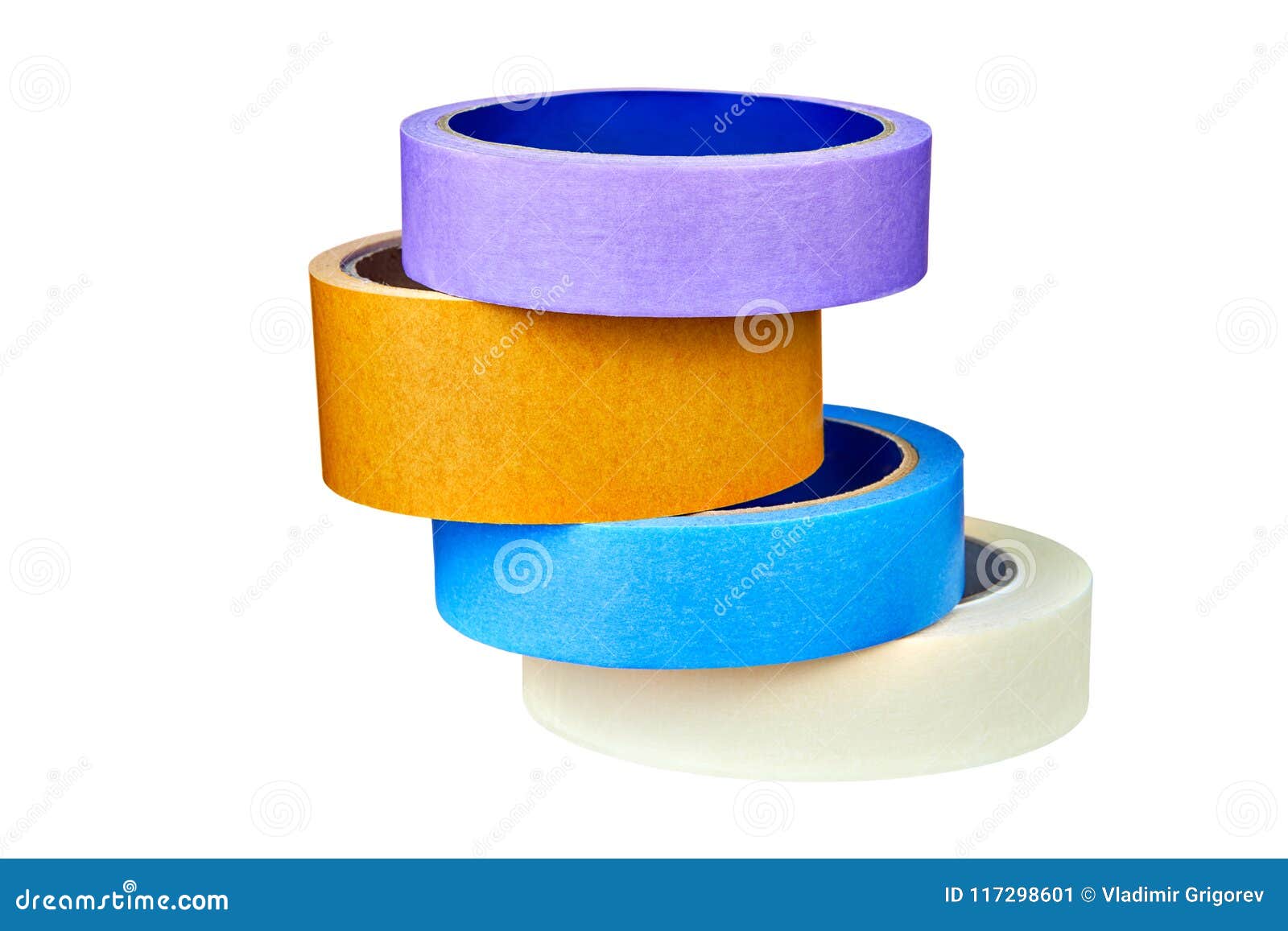 Four Multi-colored Rolls Of Scotch Tape Folded Stack On White. Stock ...
