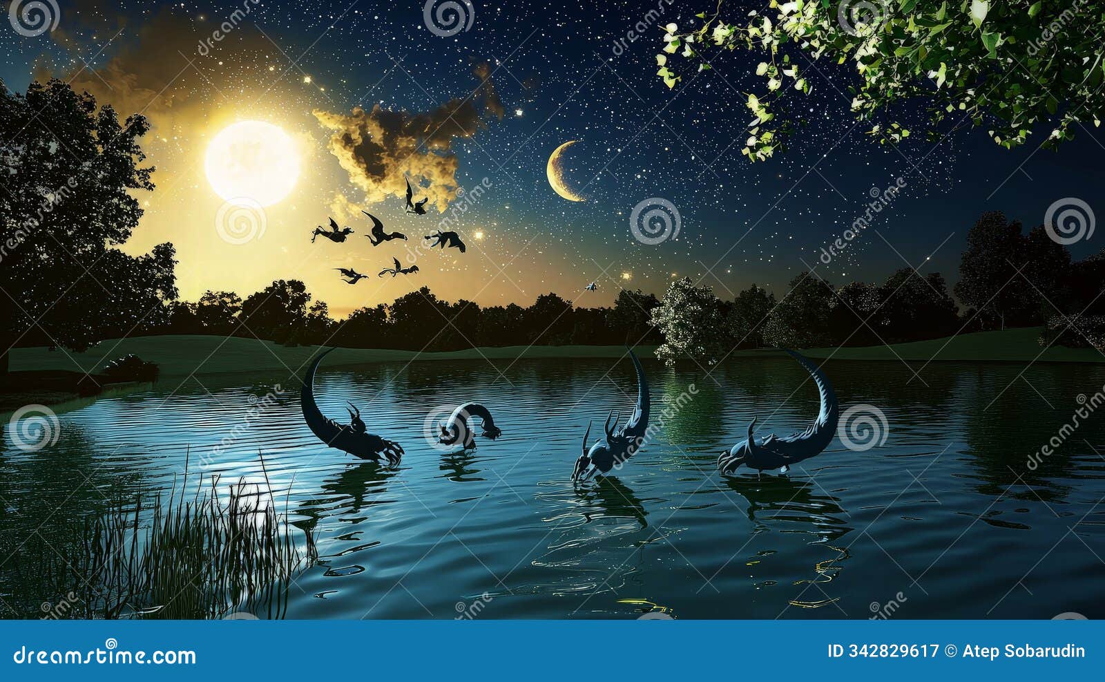 Four Mythical Creatures Swim in a Pond Under a Starry Night Sky Stock ...