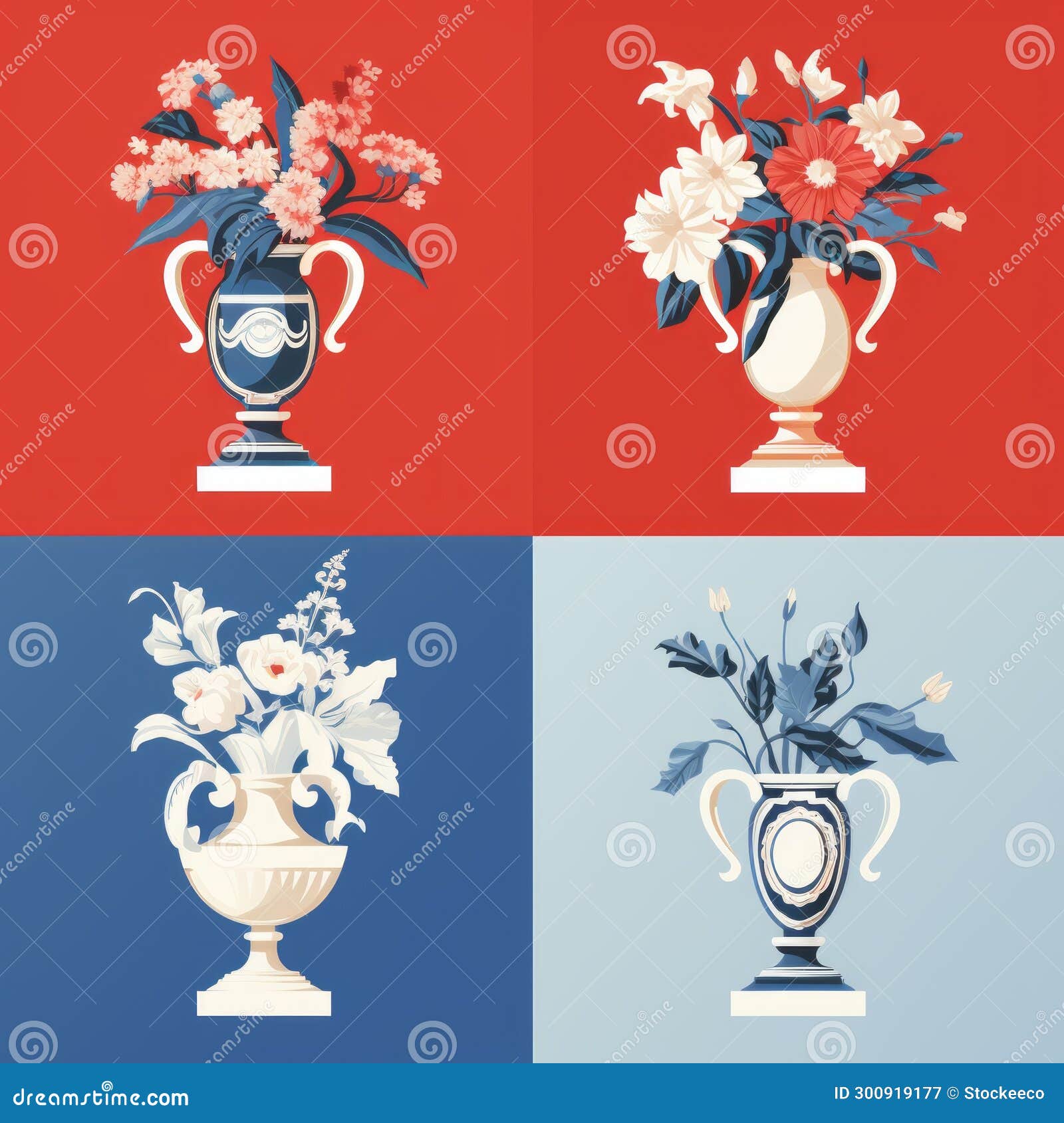Neoclassical Vases with Floral Illustrations on Colorful Backgrounds Stock Illustration ...