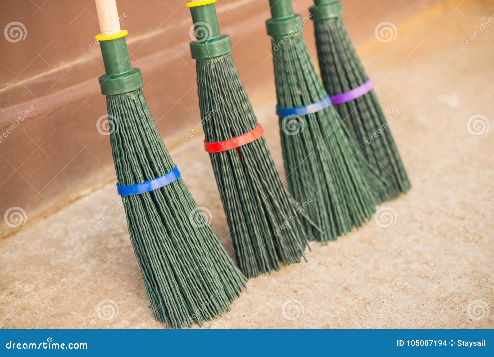 Four New Brooms Made of Green Plastic. Stock Photo - Image of foliage ...