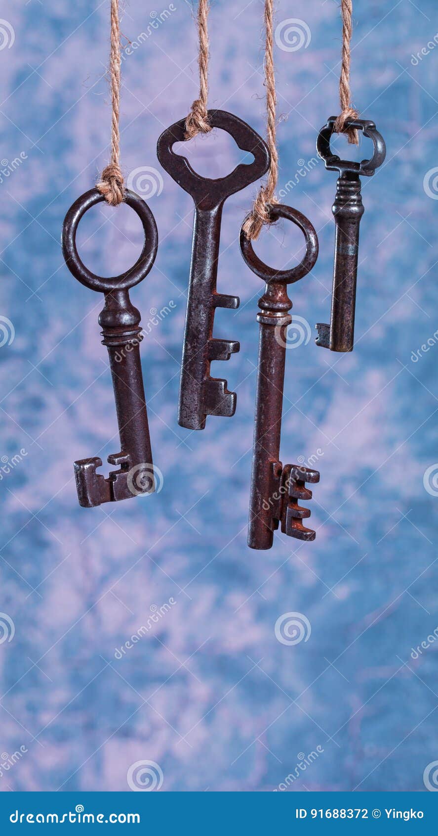 Four Old Keys Hanging on Blue Stock Photo - Image of safety, rusty ...