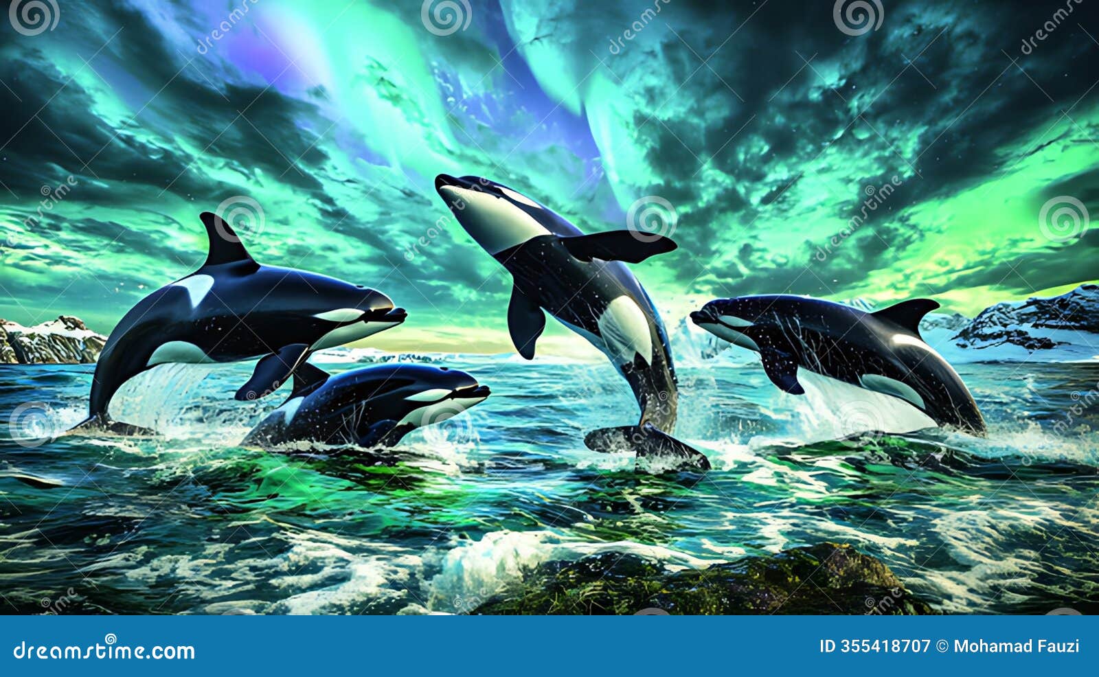 Four Orcas Leap from Ocean Under Aurora Borealis Stock Image - Image of ...