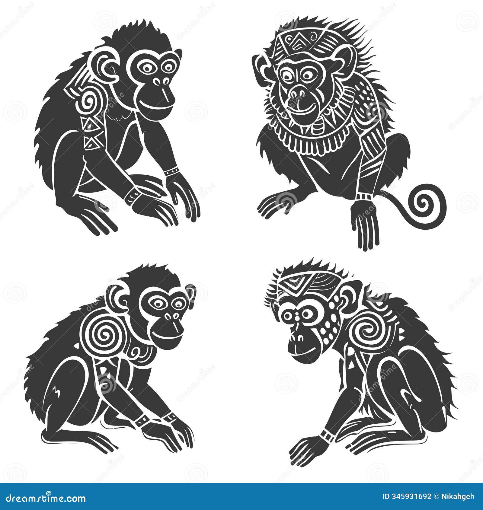 Four Ornate Black and White Monkeys in Sitting Poses Stock Illustration ...