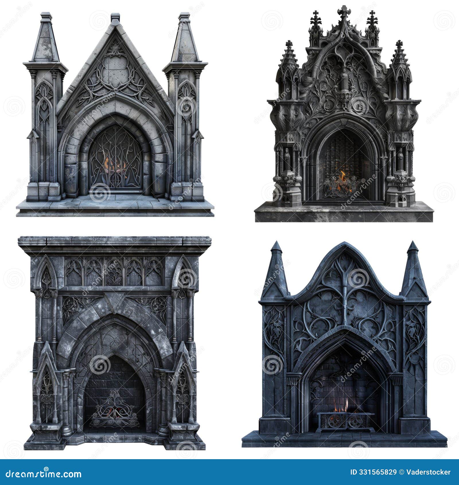 Four Ornate Gothic Fireplaces with Flames Stock Illustration ...