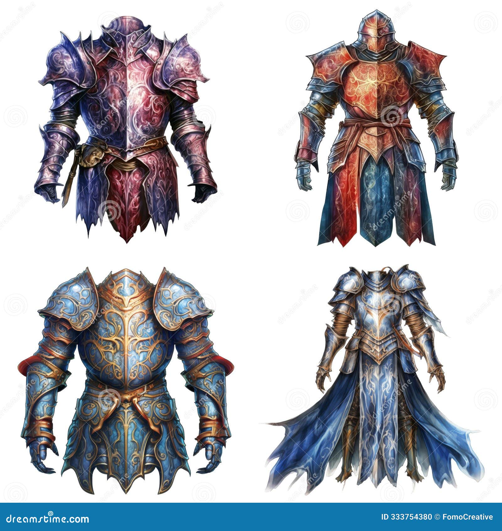 Four Ornate Suits of Armor with Intricate Designs Stock Illustration ...