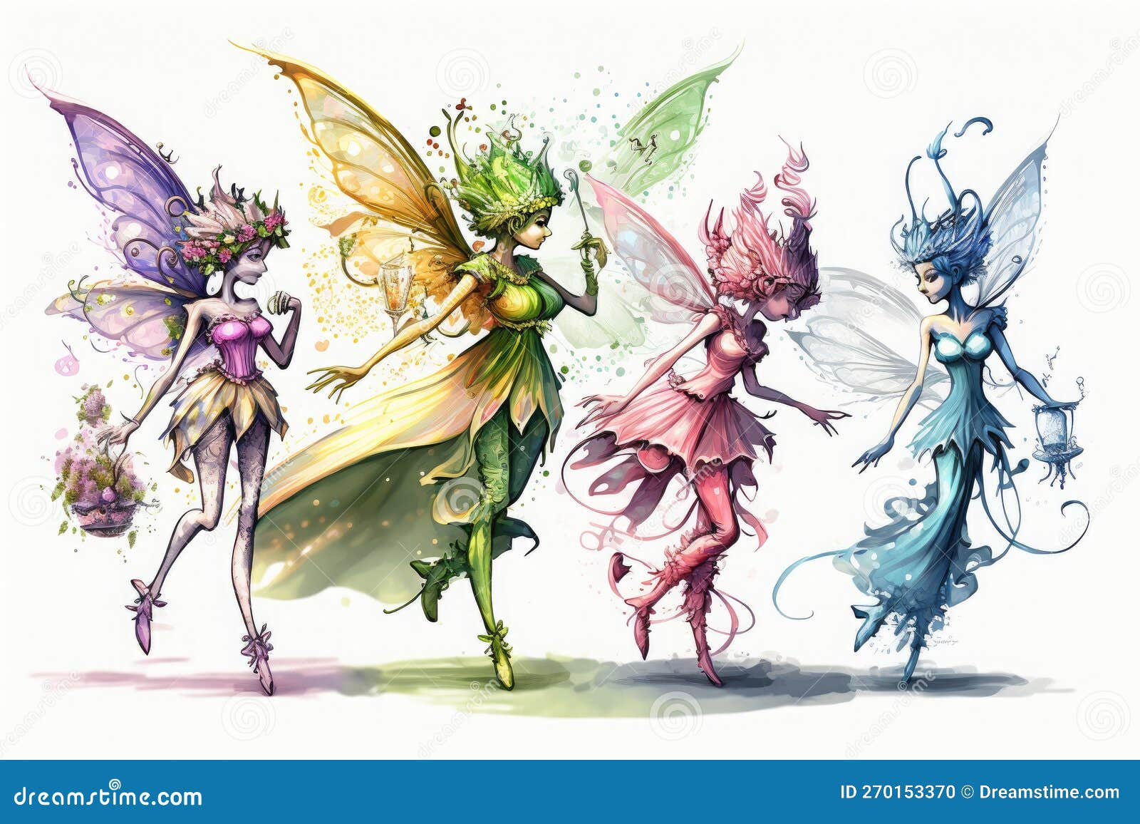 Four Painted Fairies of Different Colors on a White Background ...