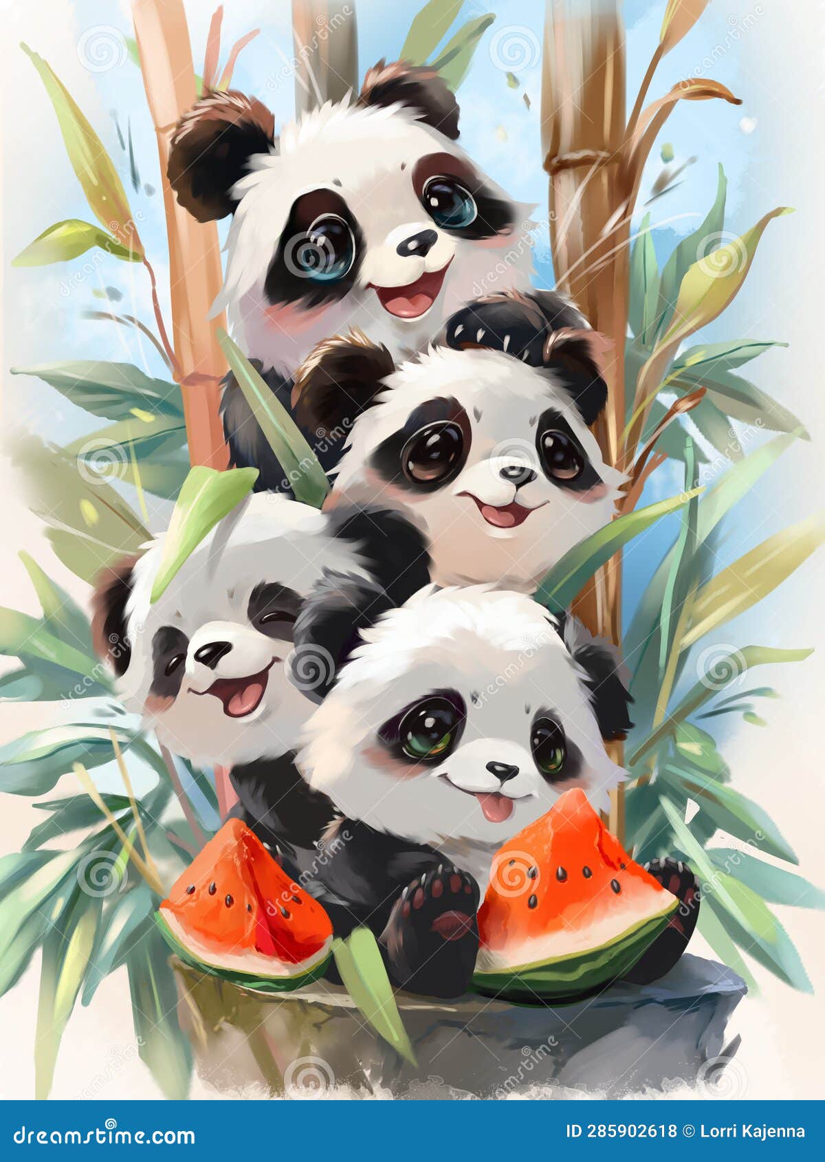Four Pandas and a Watermelon Stock Illustration - Illustration of funny ...