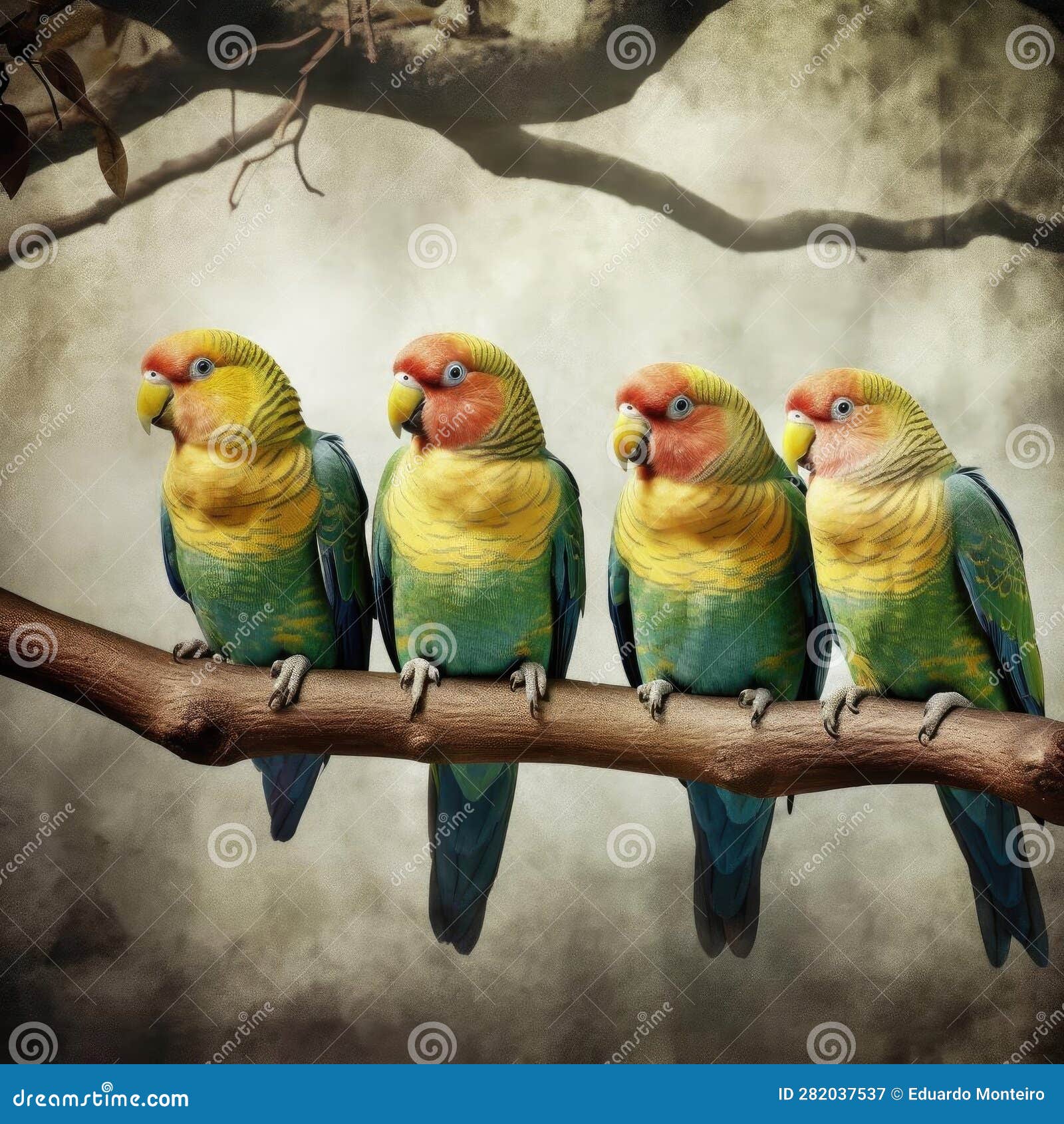 Four Parrots Sit on a Branch in the Shade of a Tree Stock Image - Image of colorful, parakeet ...