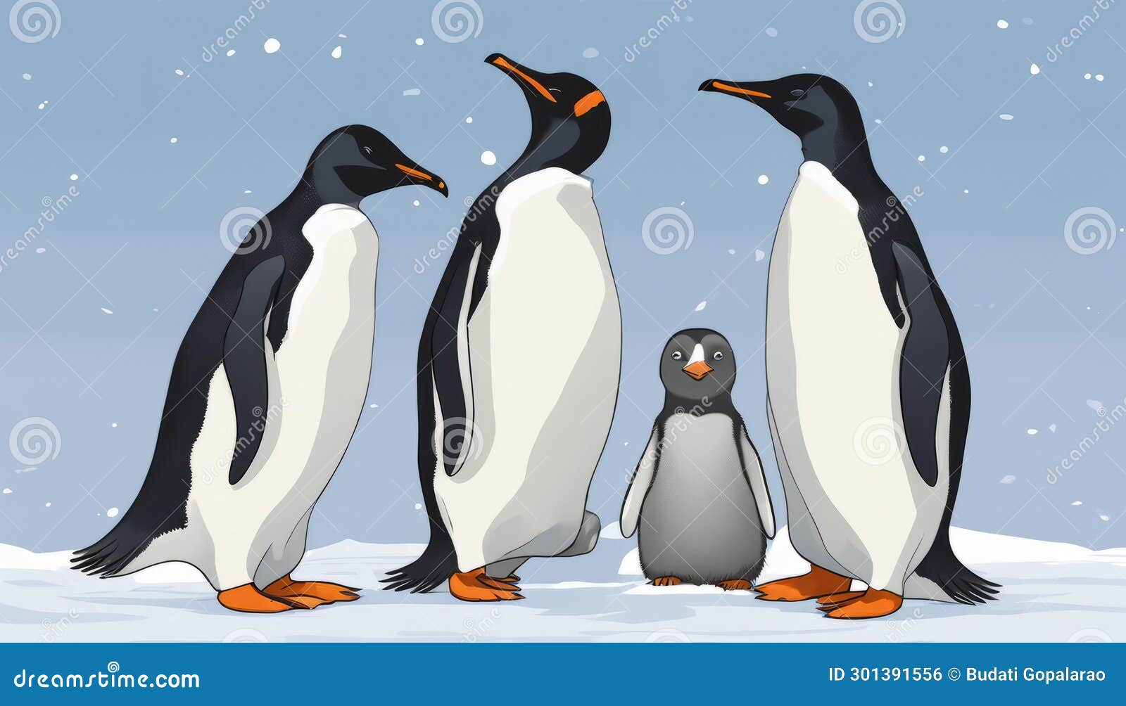 Four Penguins Standing in the Snow Stock Illustration - Illustration of ...