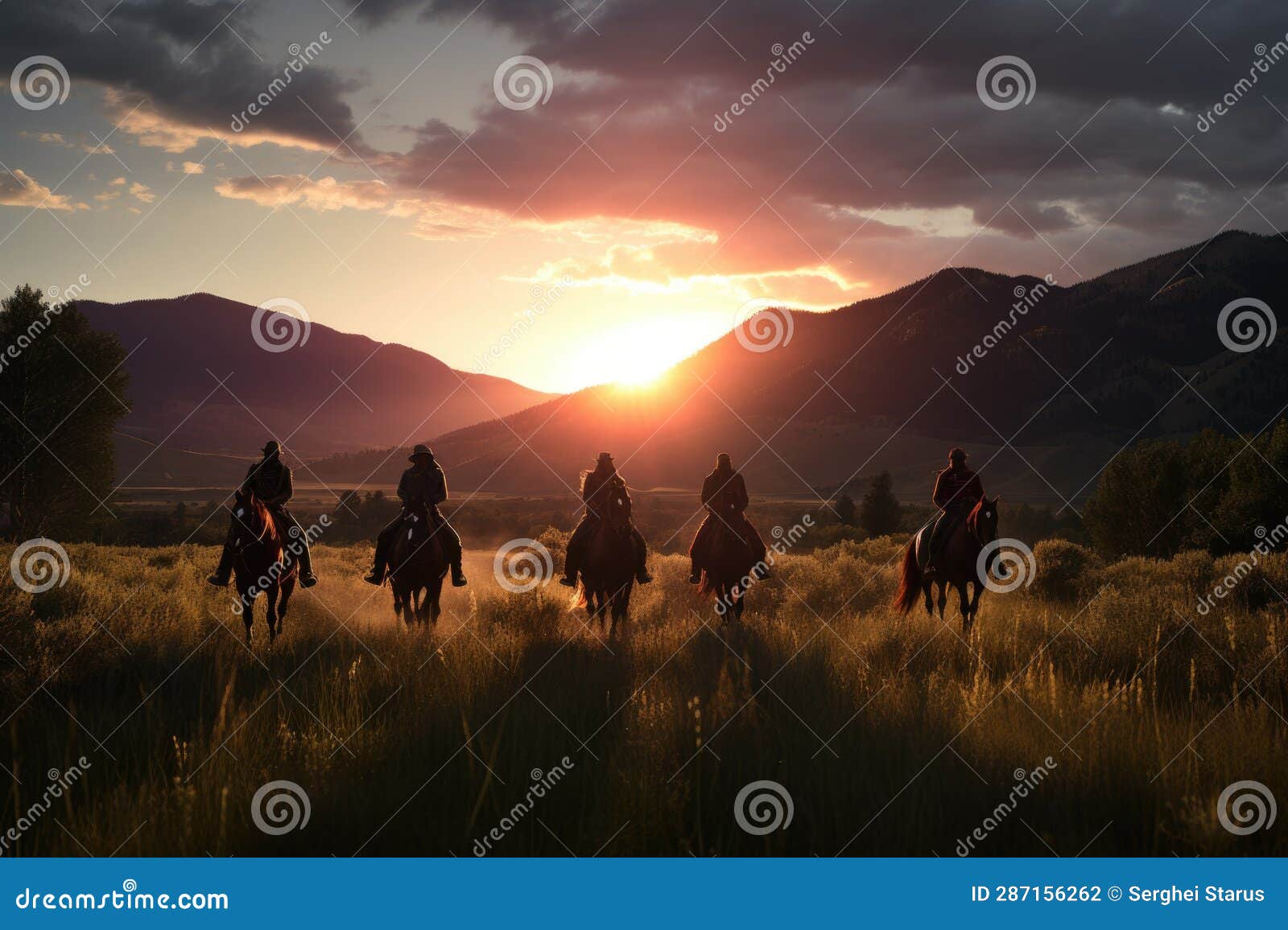 Four People Riding Horses in the Sunset. Generative AI Image. Stock ...
