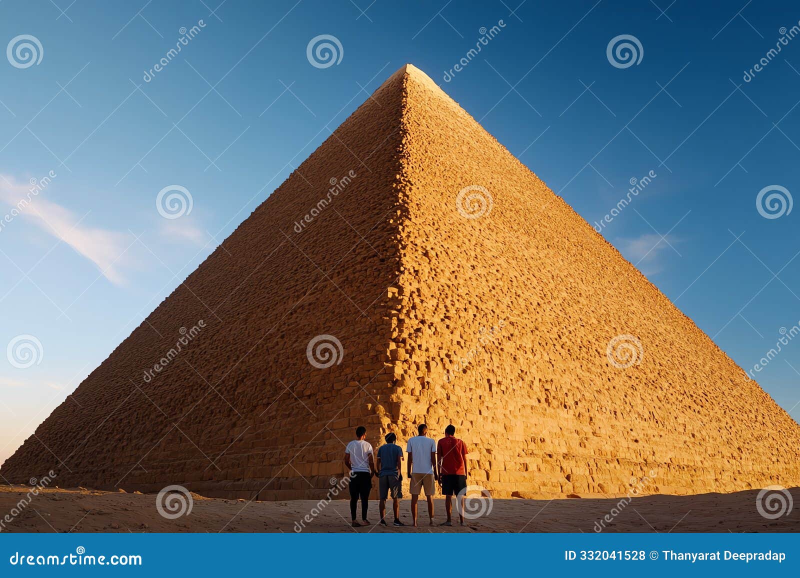 Four People Stand in Awe before a Massive, Ancient Pyramid, Bathed in ...