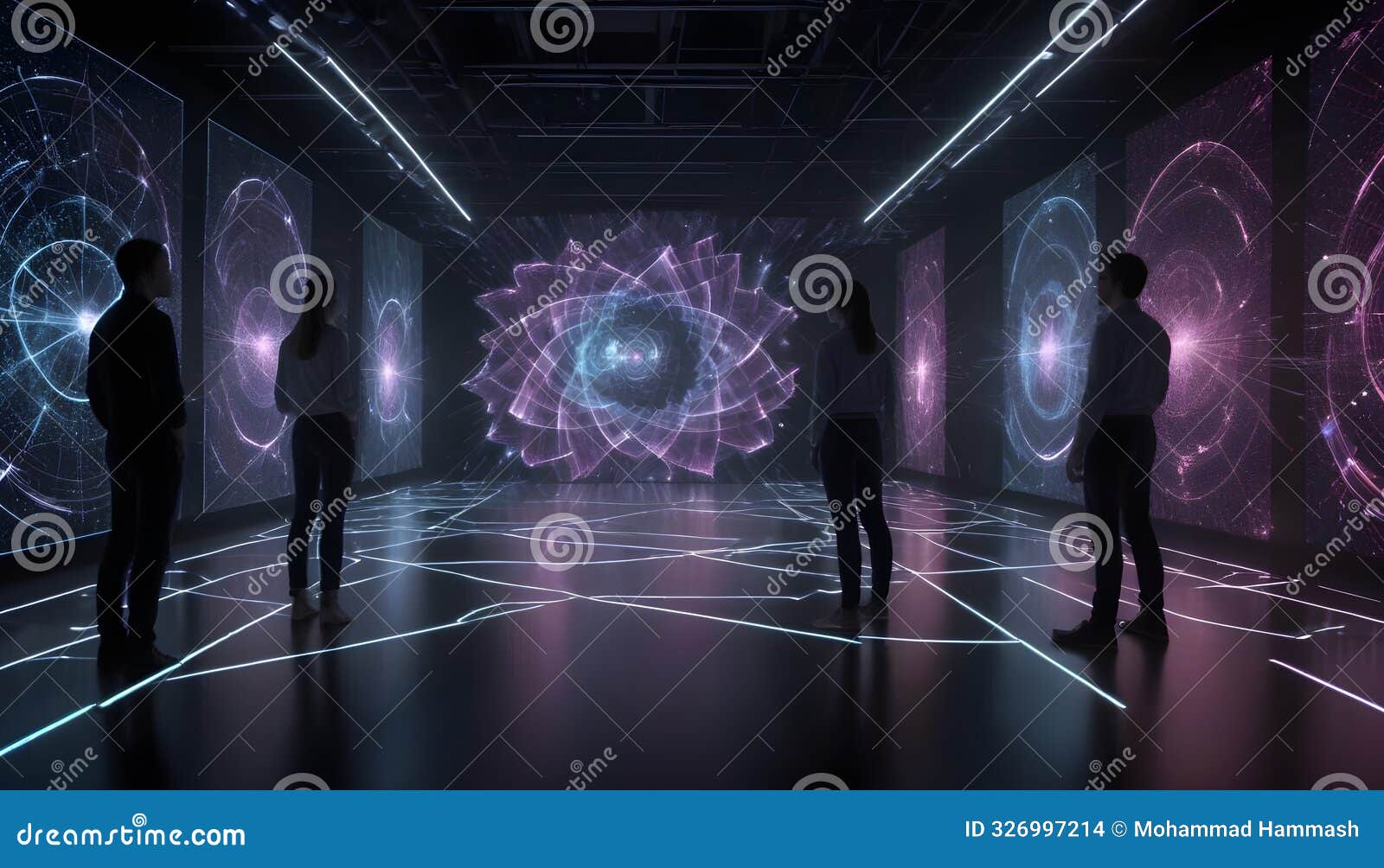 Four People Stand in a Dark Room, Observing Projections of Swirling ...