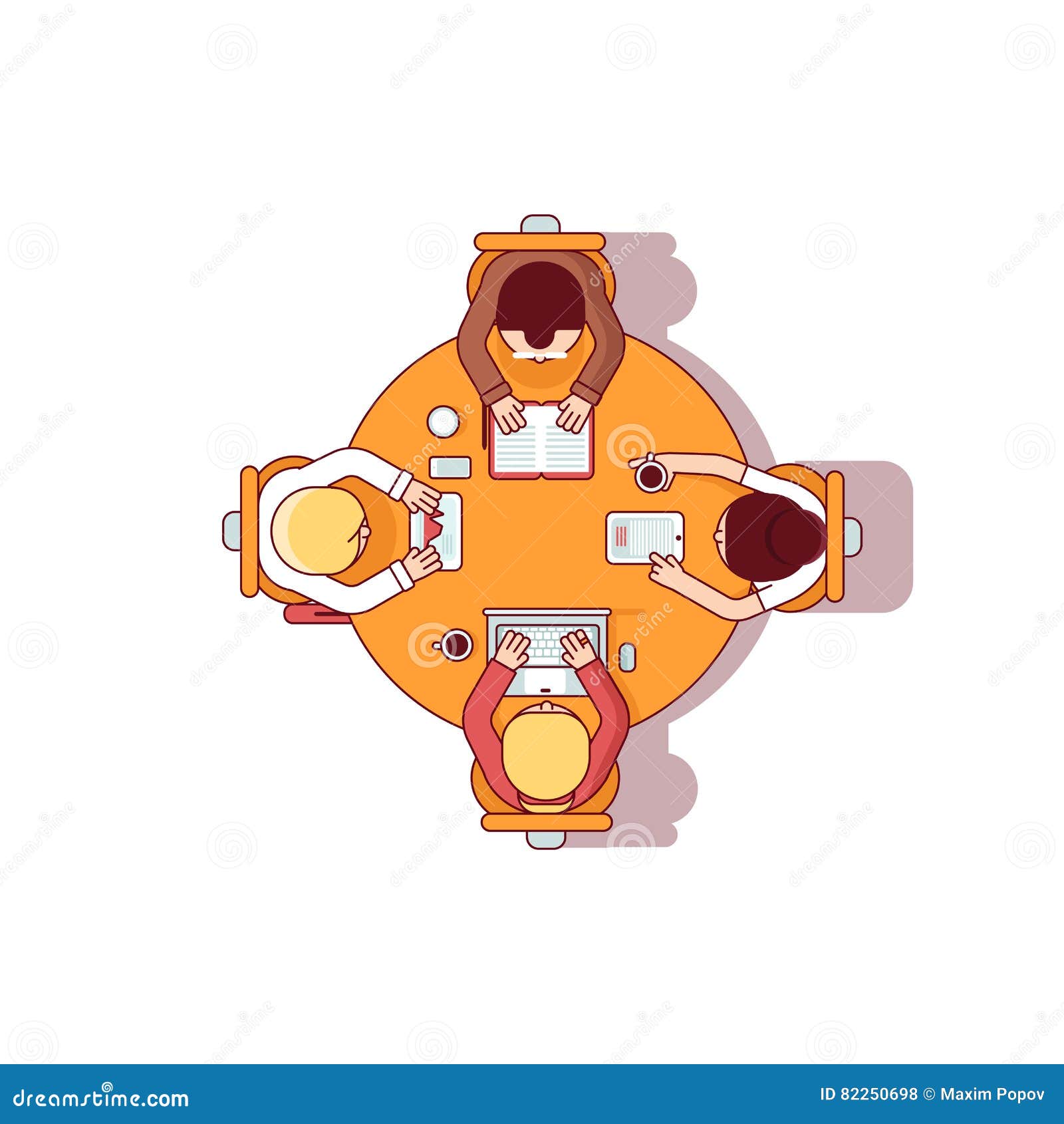 Four People Team Sitting and Working Together Stock Vector ...