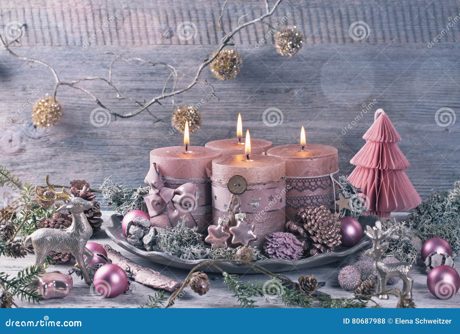 Four pink christmas candle stock photo. Image of christmas - 80687988