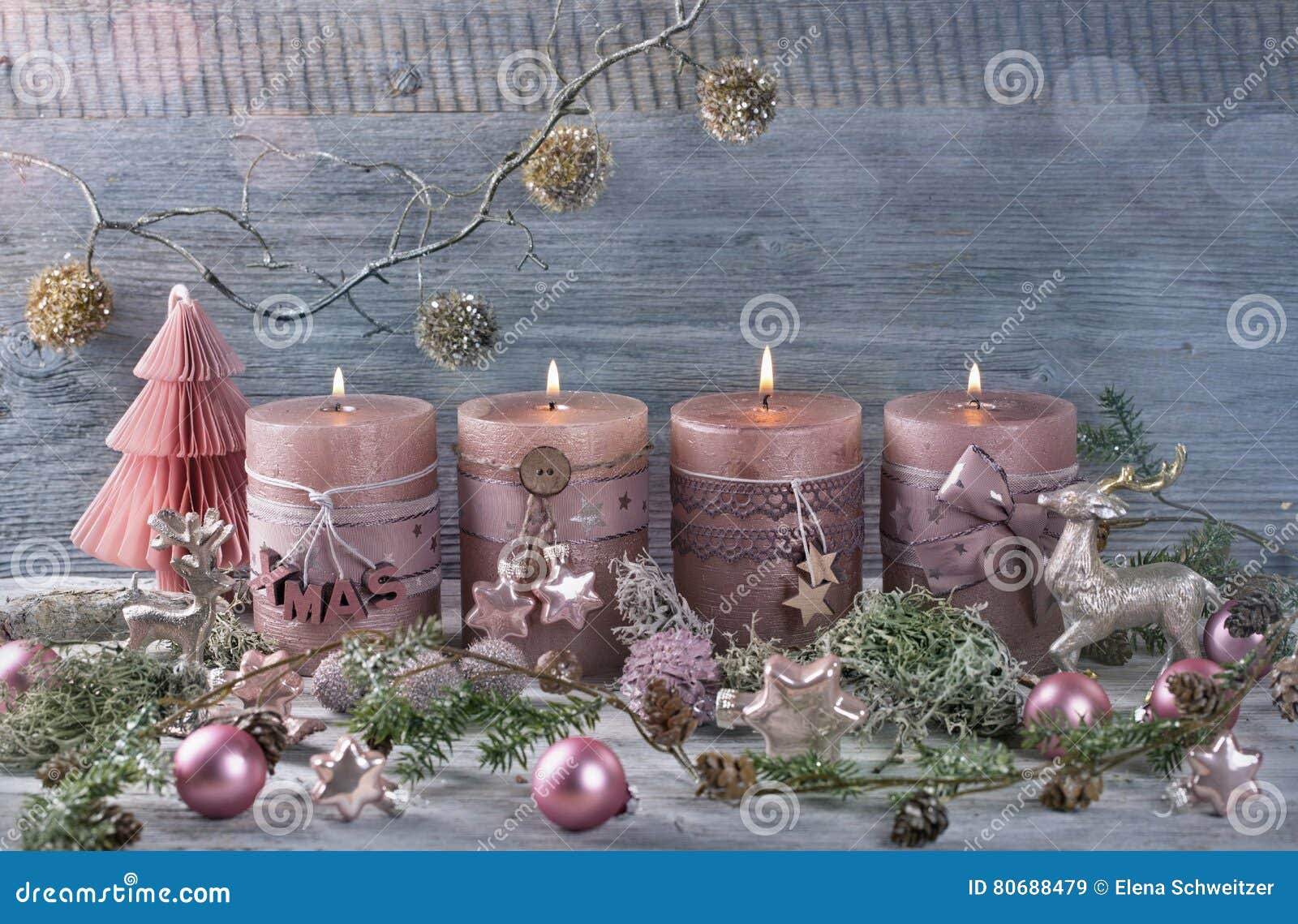 Four pink christmas candle stock image. Image of grey - 80688479